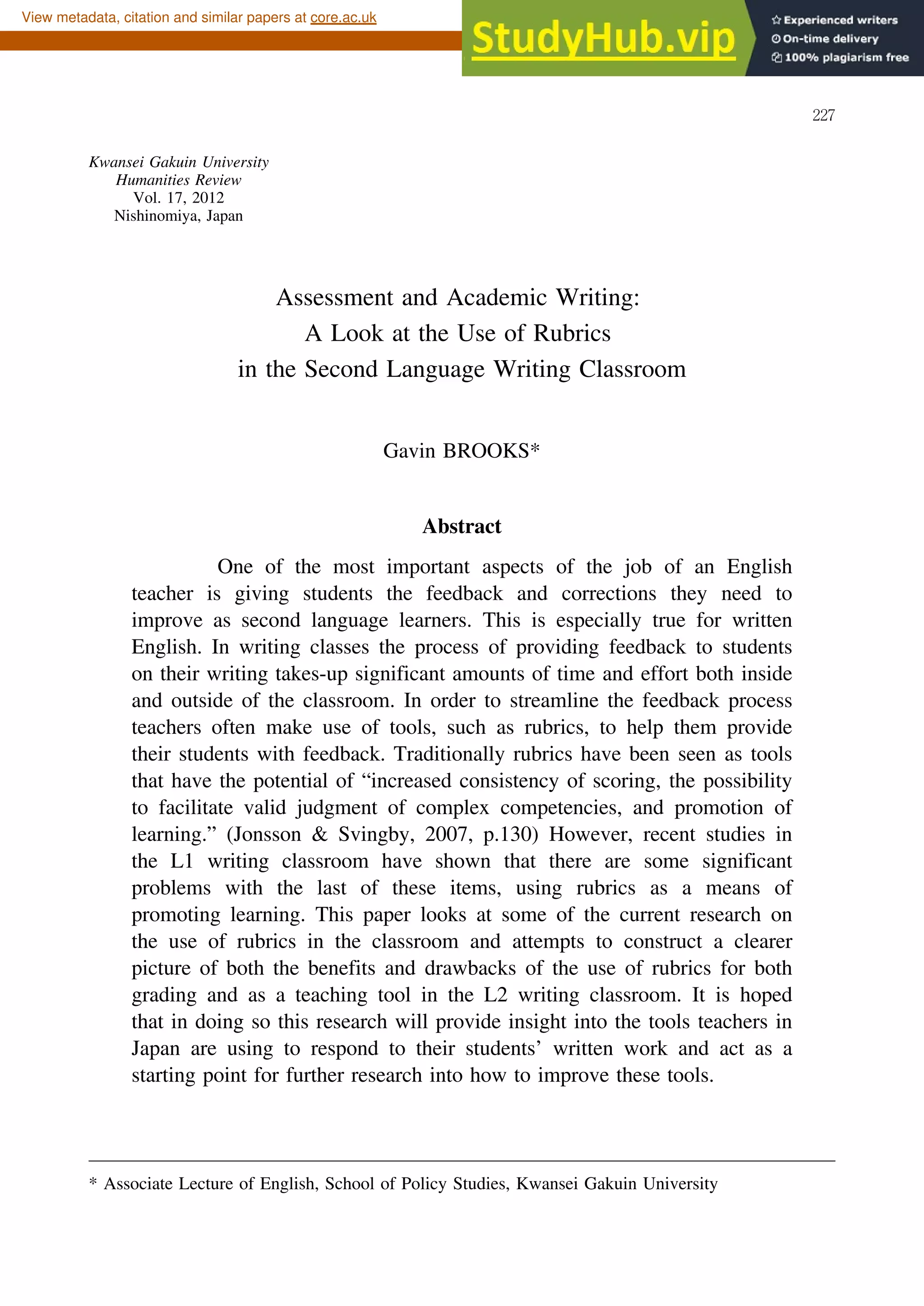 Assessment And Academic Writing A Look At The Use Of Rubrics In The ...