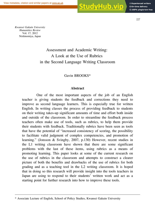 Assessment And Academic Writing A Look At The Use Of Rubrics In The ...