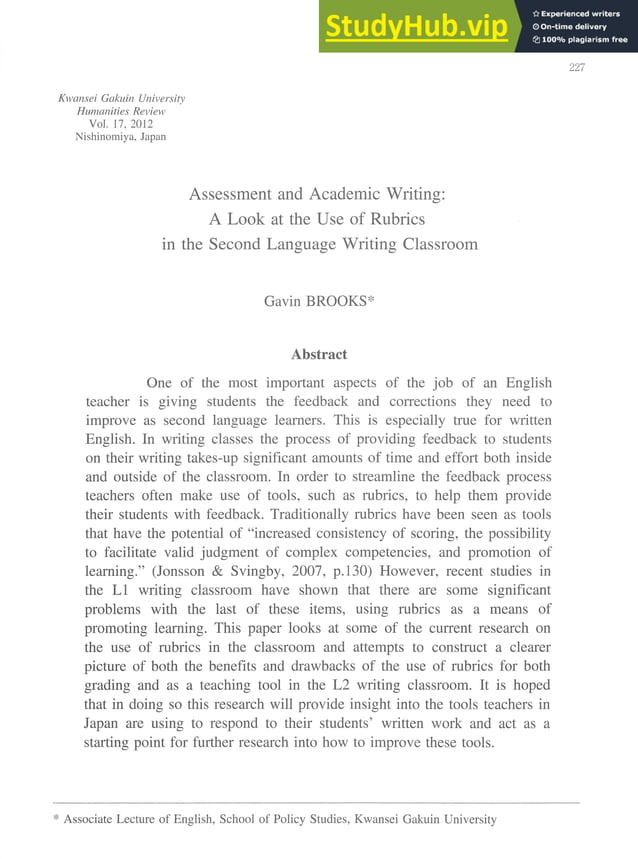 Assessment And Academic Writing A Look At The Use Of Rubrics In The ...