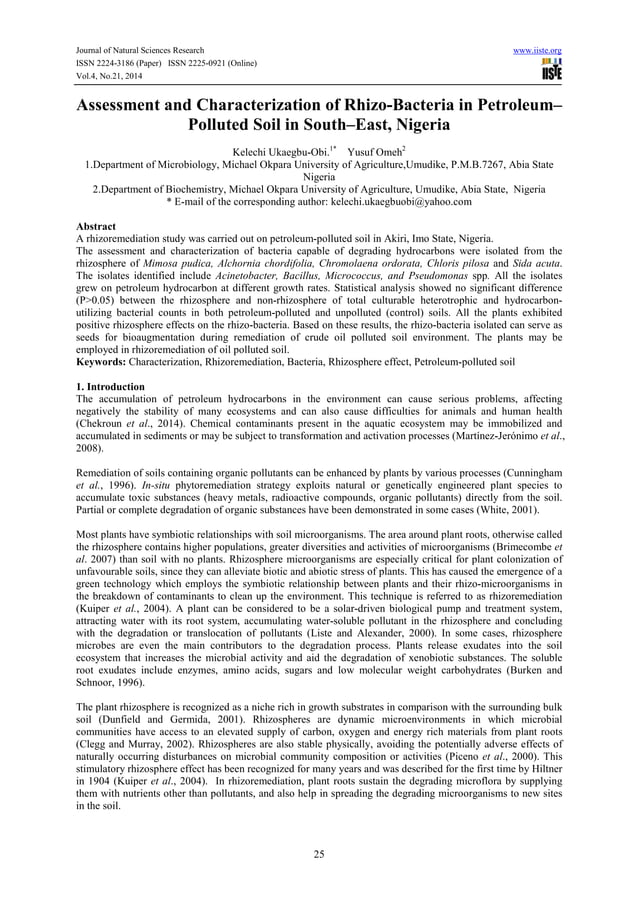 Assessment and characterization of rhizo bacteria in petroleum–polluted soil in south–east ...