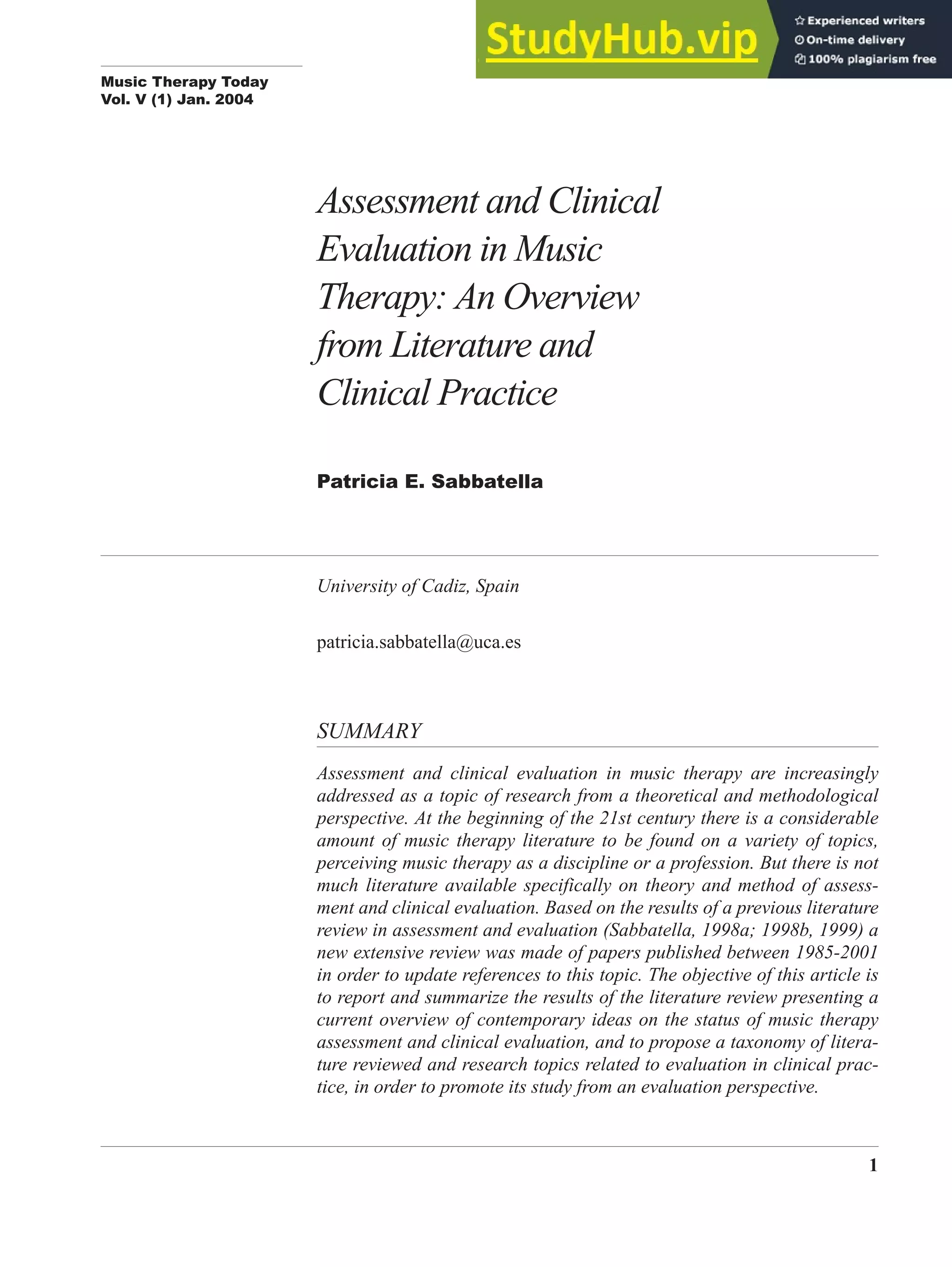 Assessment And Clinical Evaluation In Music Therapy An Overview From ...