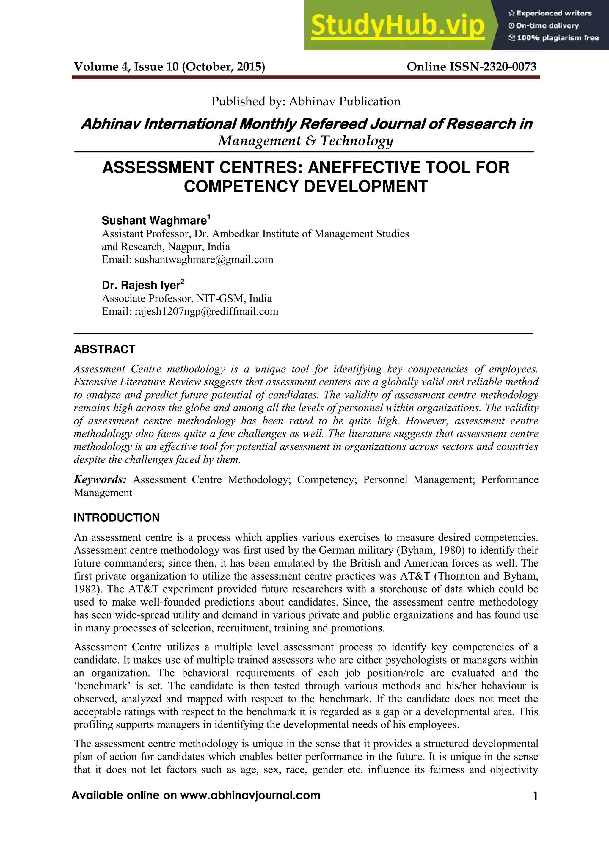 ASSESSMENT CENTRES ANEFFECTIVE TOOL FOR COMPETENCY DEVELOPMENT | PDF