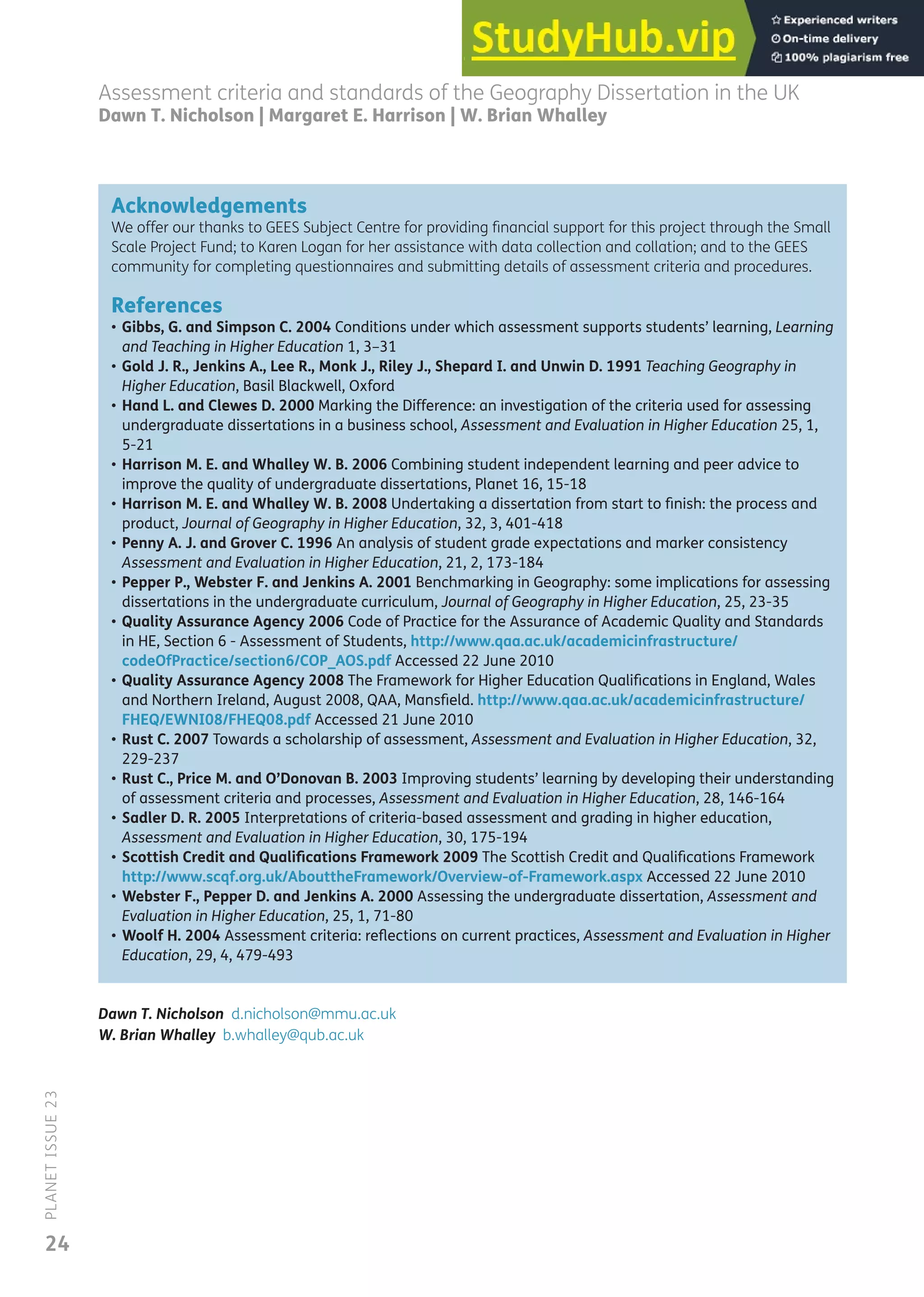 Assessment Criteria And Standards Of The Geography Dissertation In The ...