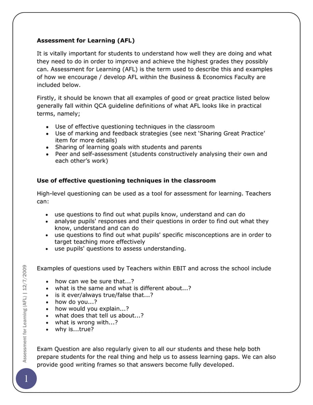 Assessment For Learning (Afl) | PDF