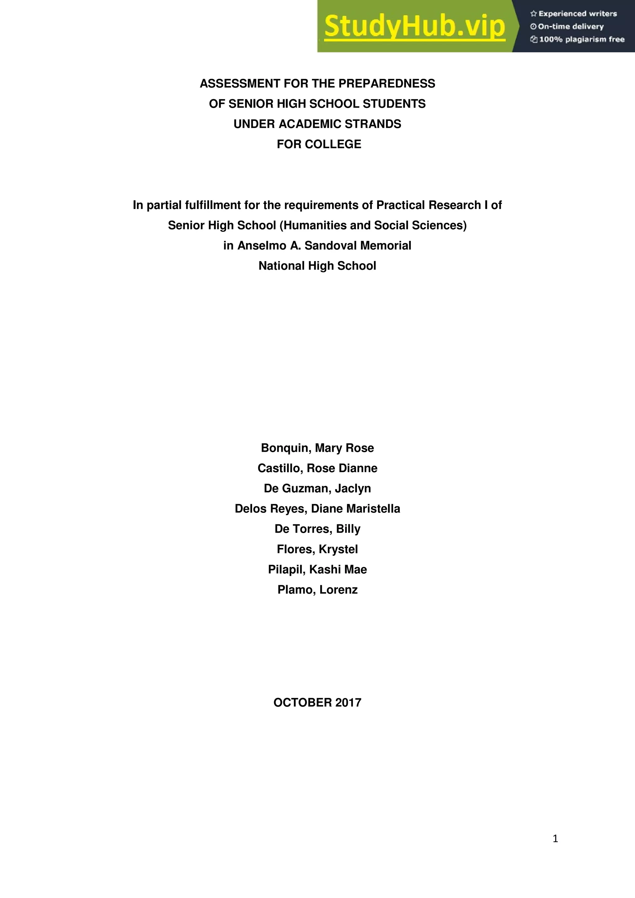 ASSESSMENT FOR THE PREPAREDNESS OF SENIOR HIGH SCHOOL STUDENTS UNDER ...