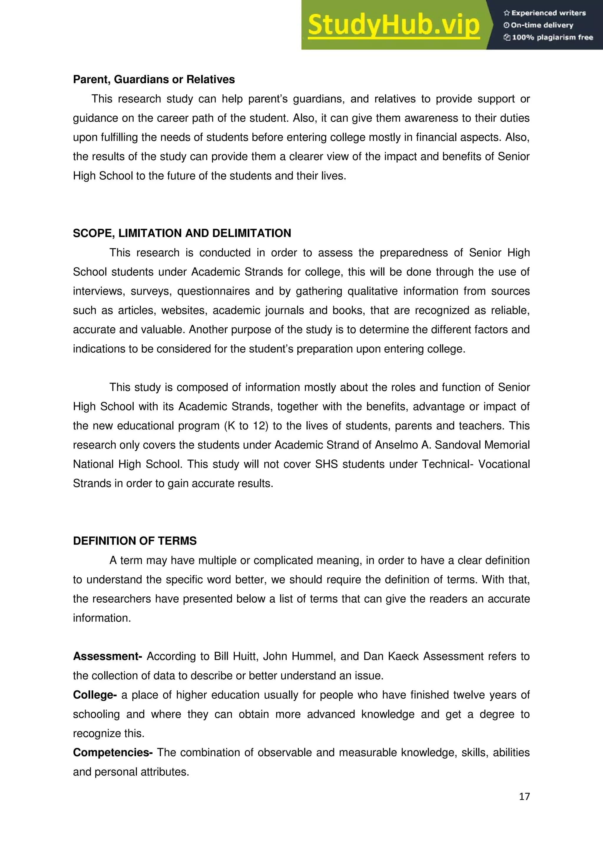 ASSESSMENT FOR THE PREPAREDNESS OF SENIOR HIGH SCHOOL STUDENTS UNDER ...
