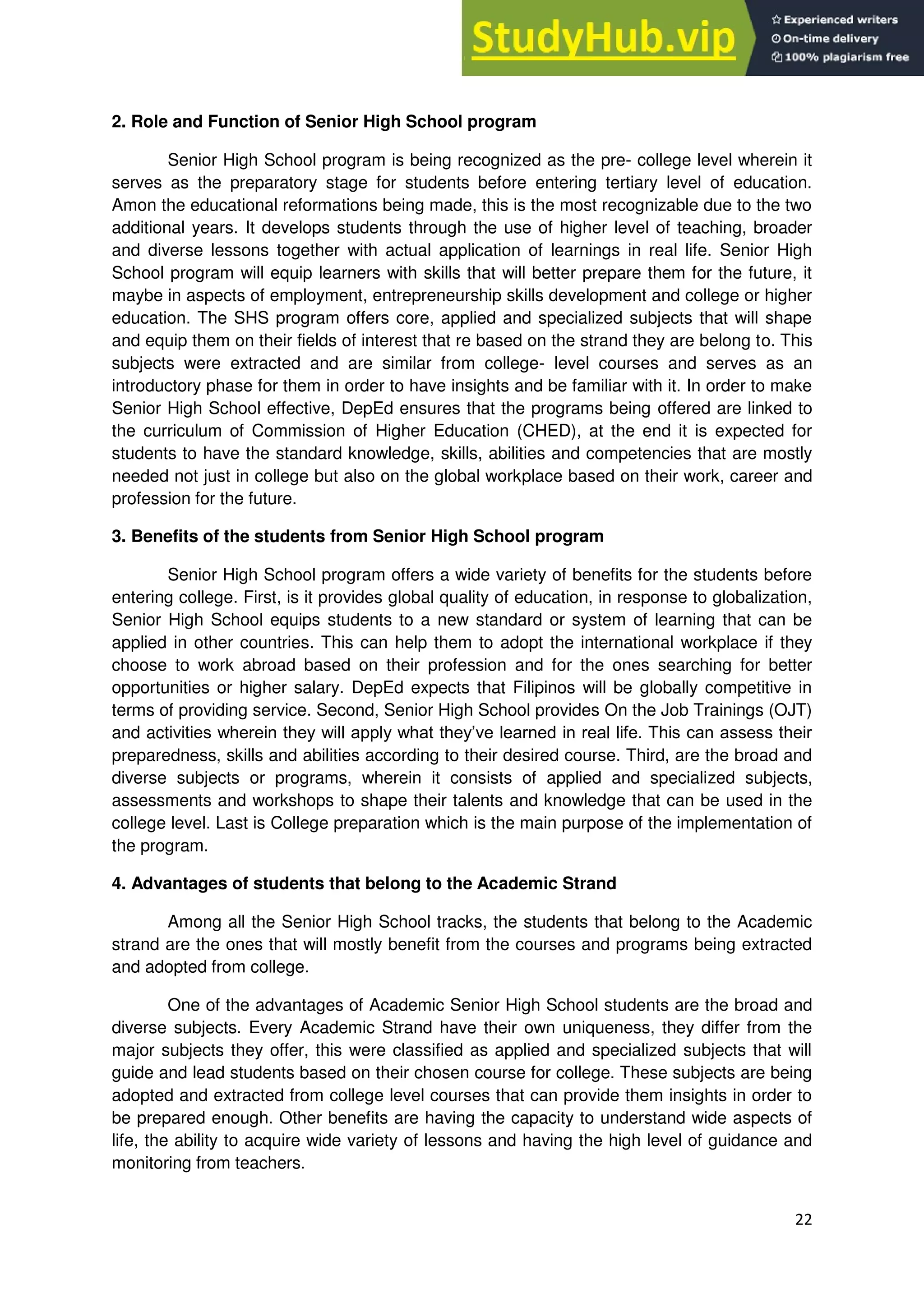 ASSESSMENT FOR THE PREPAREDNESS OF SENIOR HIGH SCHOOL STUDENTS UNDER ...