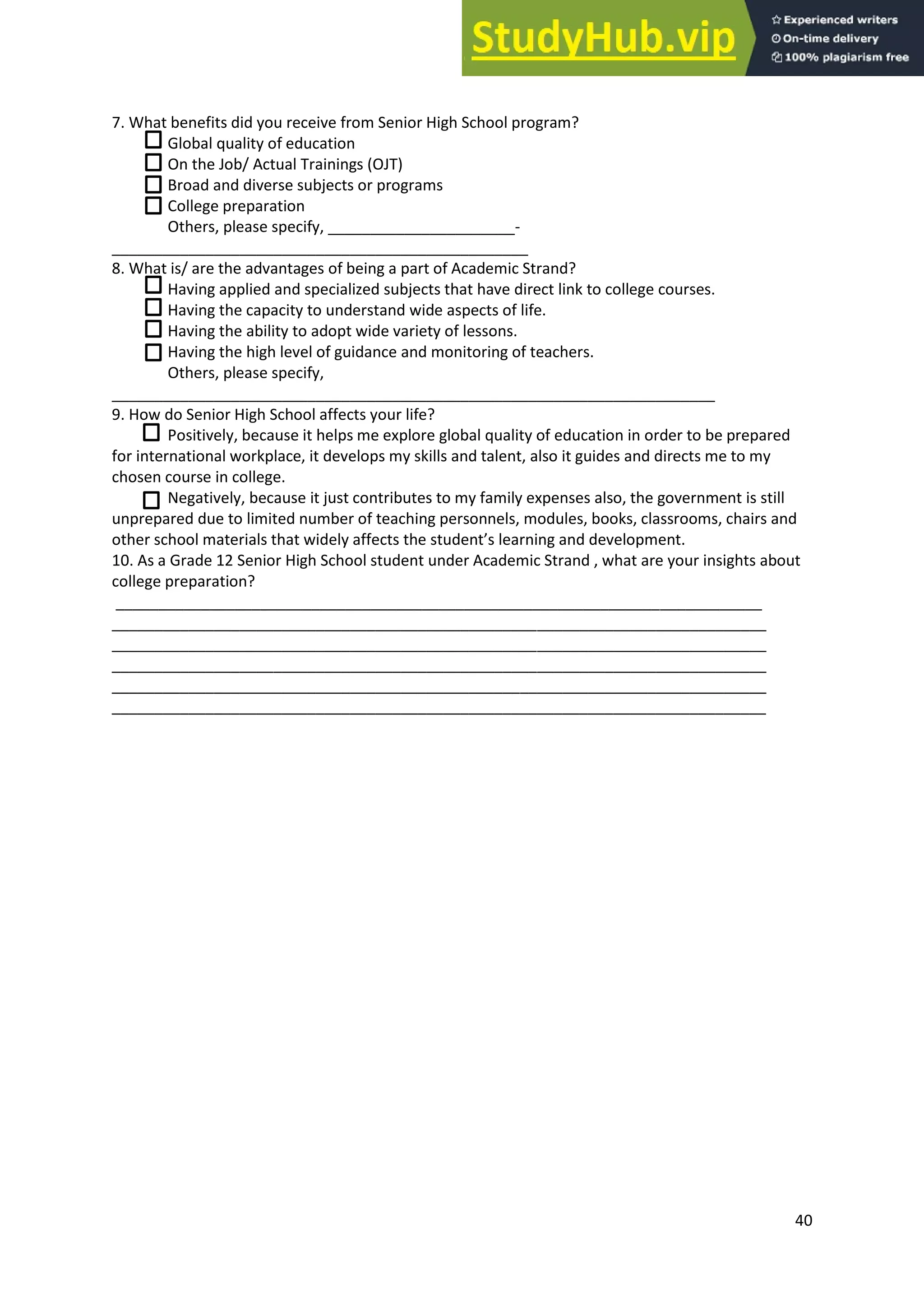 ASSESSMENT FOR THE PREPAREDNESS OF SENIOR HIGH SCHOOL STUDENTS UNDER ...