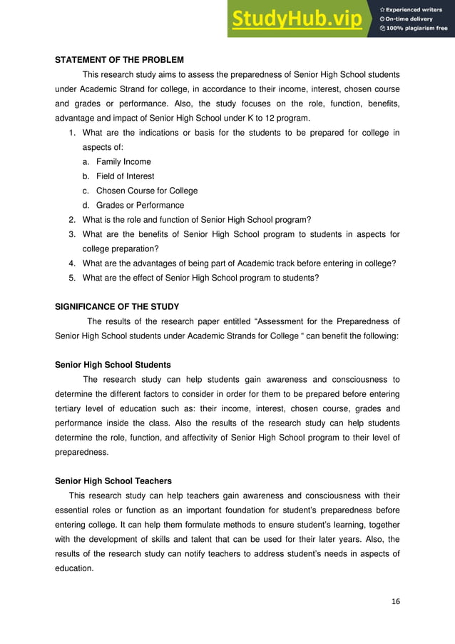 ASSESSMENT FOR THE PREPAREDNESS OF SENIOR HIGH SCHOOL STUDENTS UNDER ...
