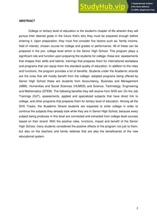 ASSESSMENT FOR THE PREPAREDNESS OF SENIOR HIGH SCHOOL STUDENTS UNDER ...