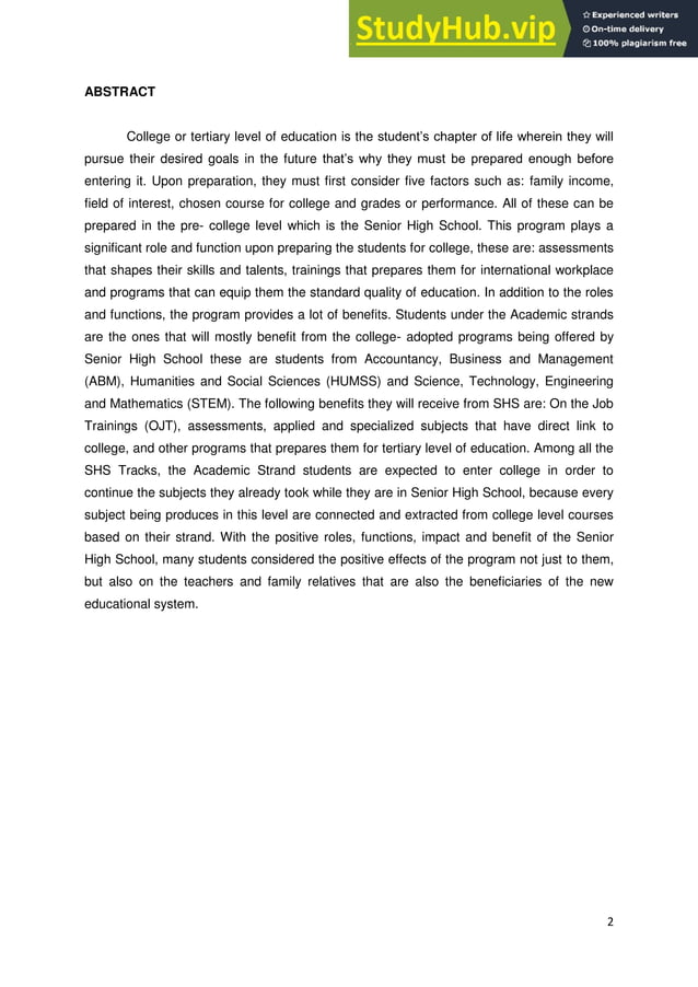 ASSESSMENT FOR THE PREPAREDNESS OF SENIOR HIGH SCHOOL STUDENTS UNDER ...