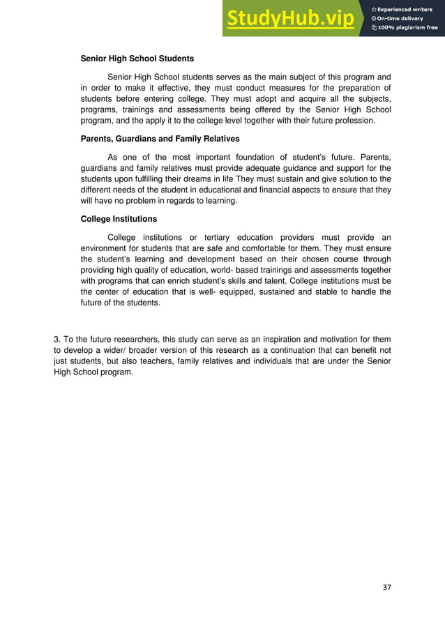 ASSESSMENT FOR THE PREPAREDNESS OF SENIOR HIGH SCHOOL STUDENTS UNDER ...