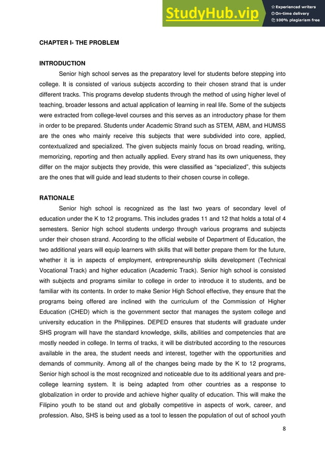 ASSESSMENT FOR THE PREPAREDNESS OF SENIOR HIGH SCHOOL STUDENTS UNDER ...