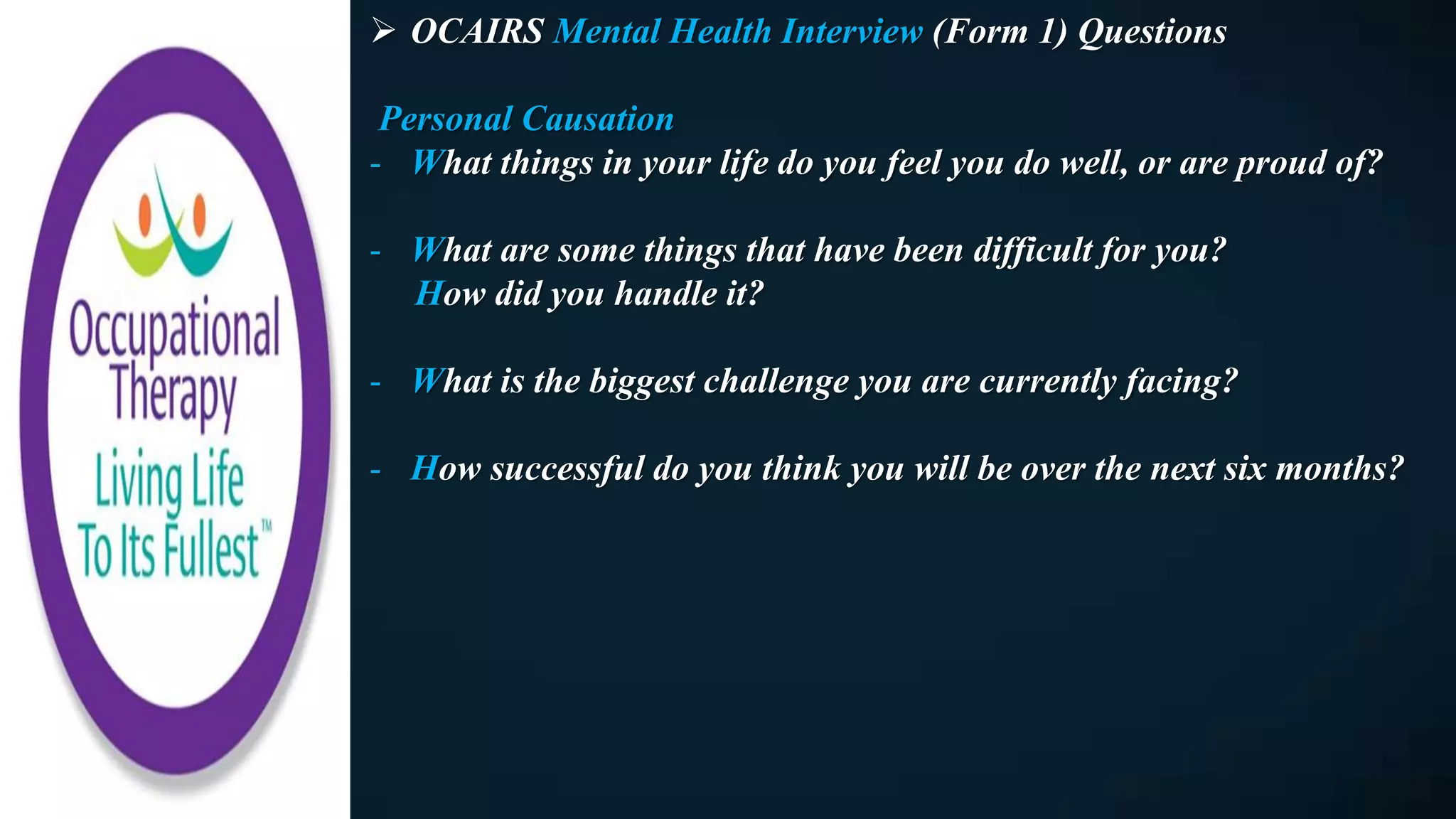 Occupational Therapy Assessment Interview and Rating Scale Mental ...