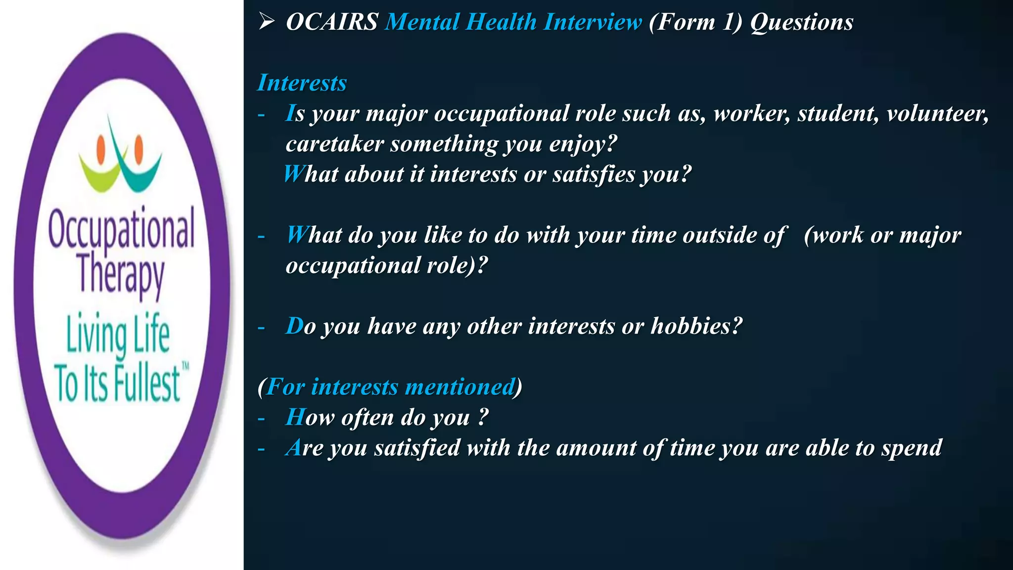 Occupational Therapy Assessment Interview and Rating Scale Mental ...