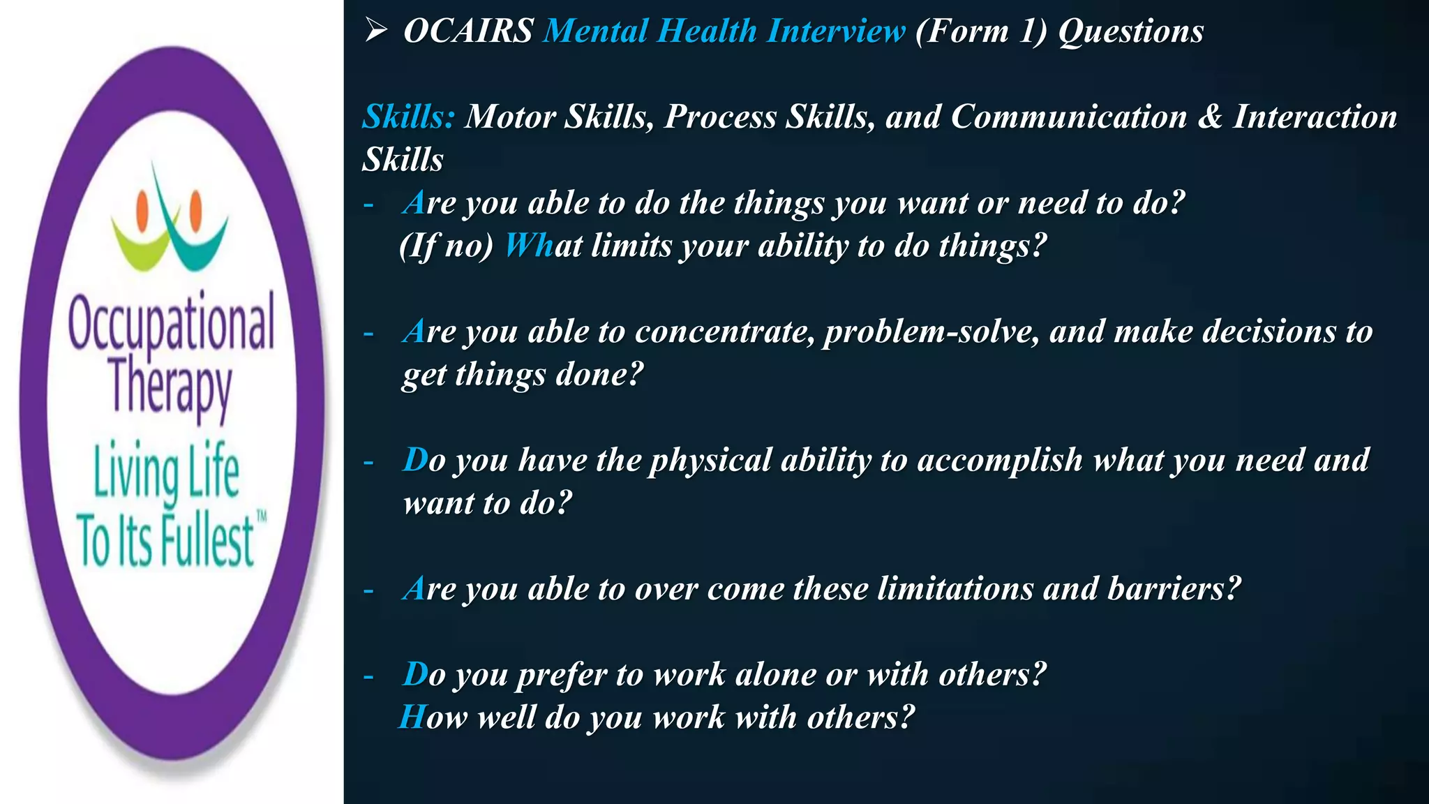Occupational Therapy Assessment Interview and Rating Scale Mental ...