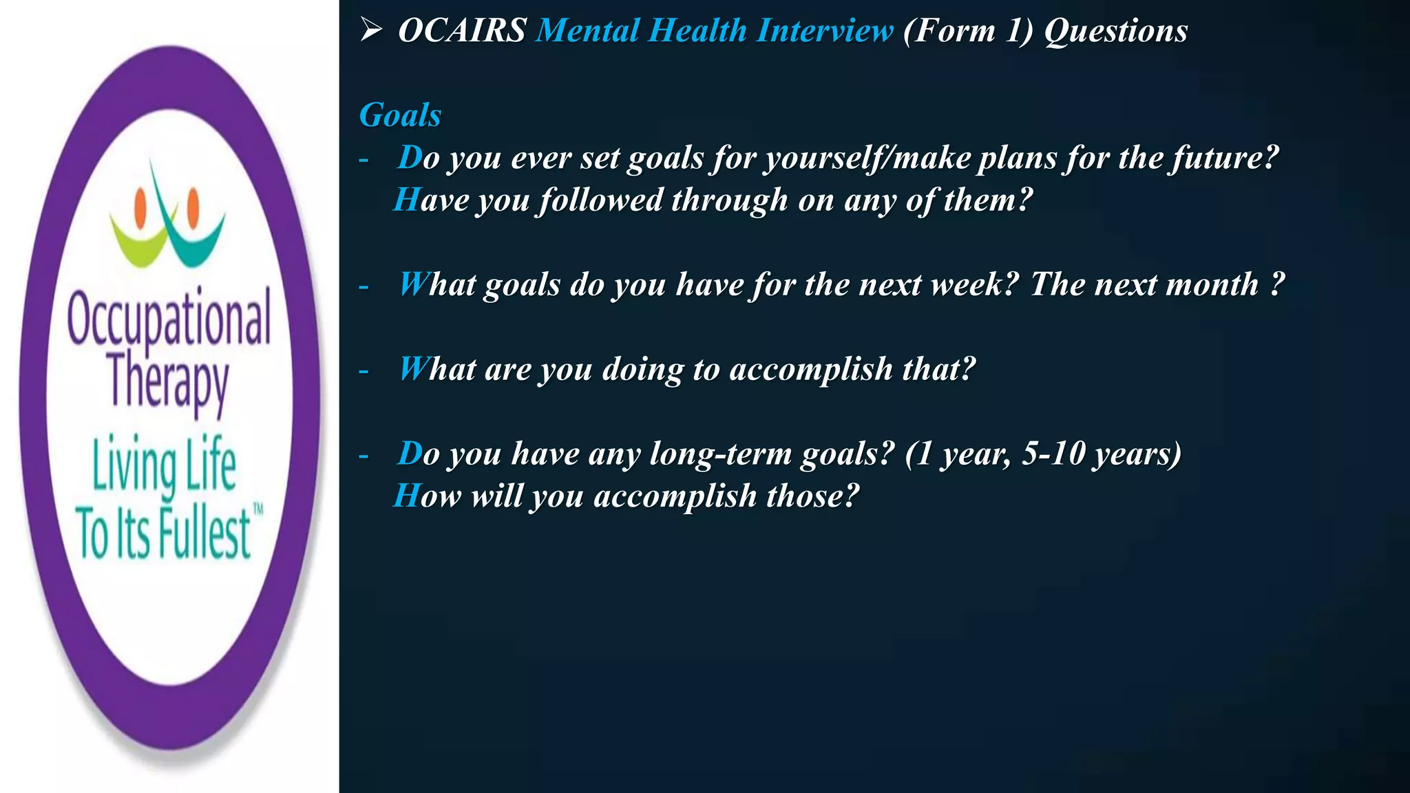 Occupational Therapy Assessment Interview and Rating Scale Mental ...