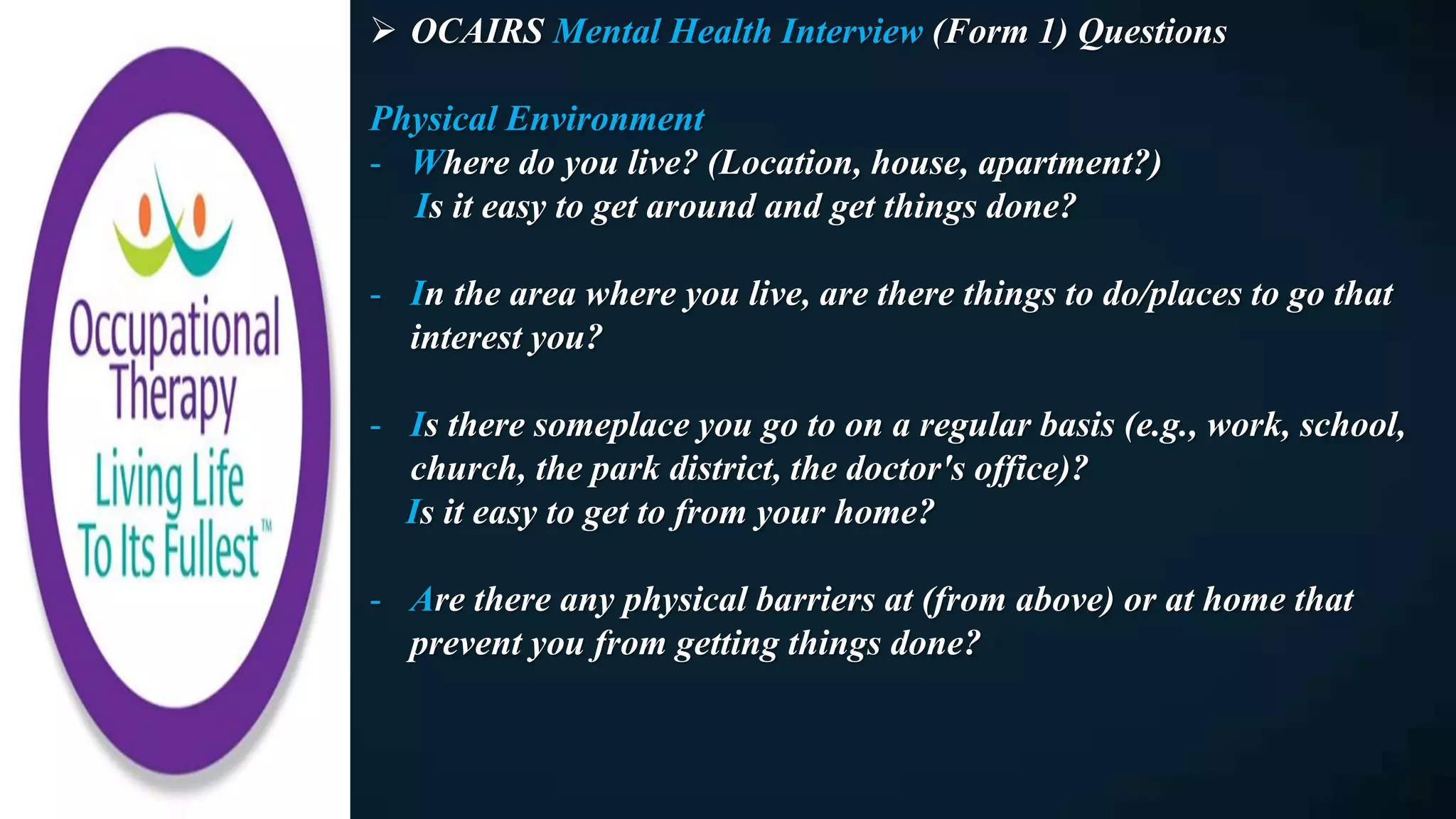 Occupational Therapy Assessment Interview and Rating Scale Mental ...