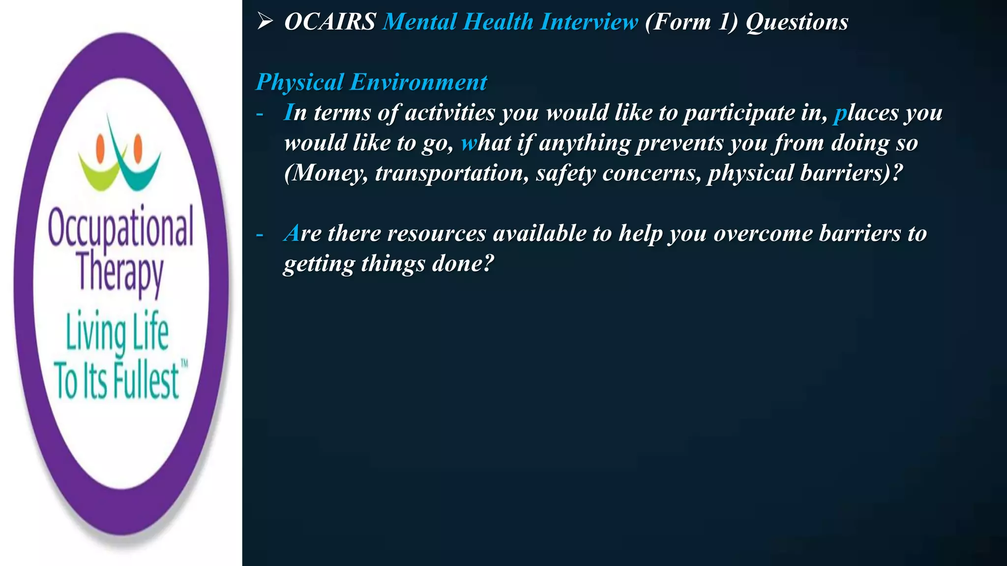 Occupational Therapy Assessment Interview and Rating Scale Mental ...