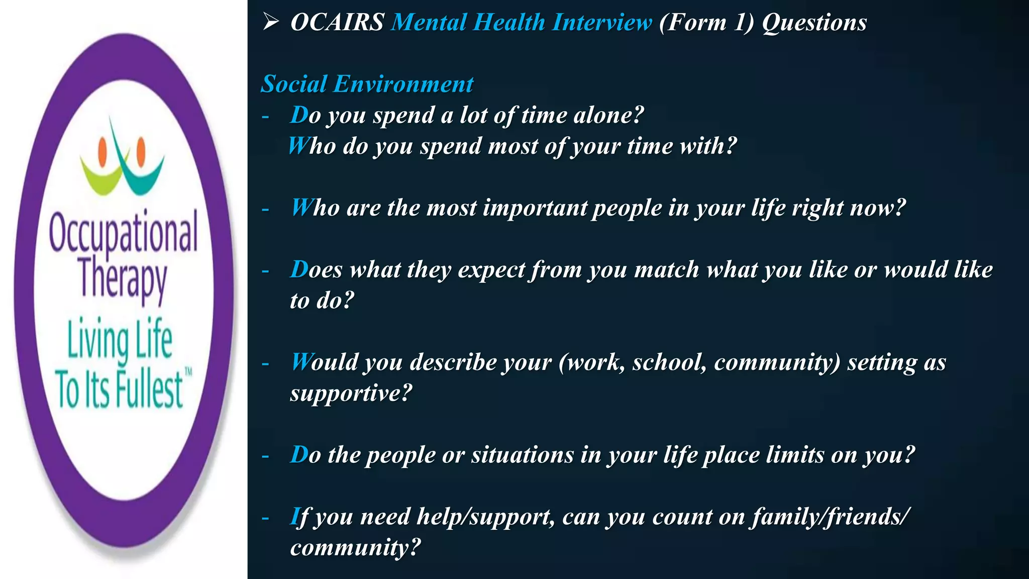Occupational Therapy Assessment Interview and Rating Scale Mental ...