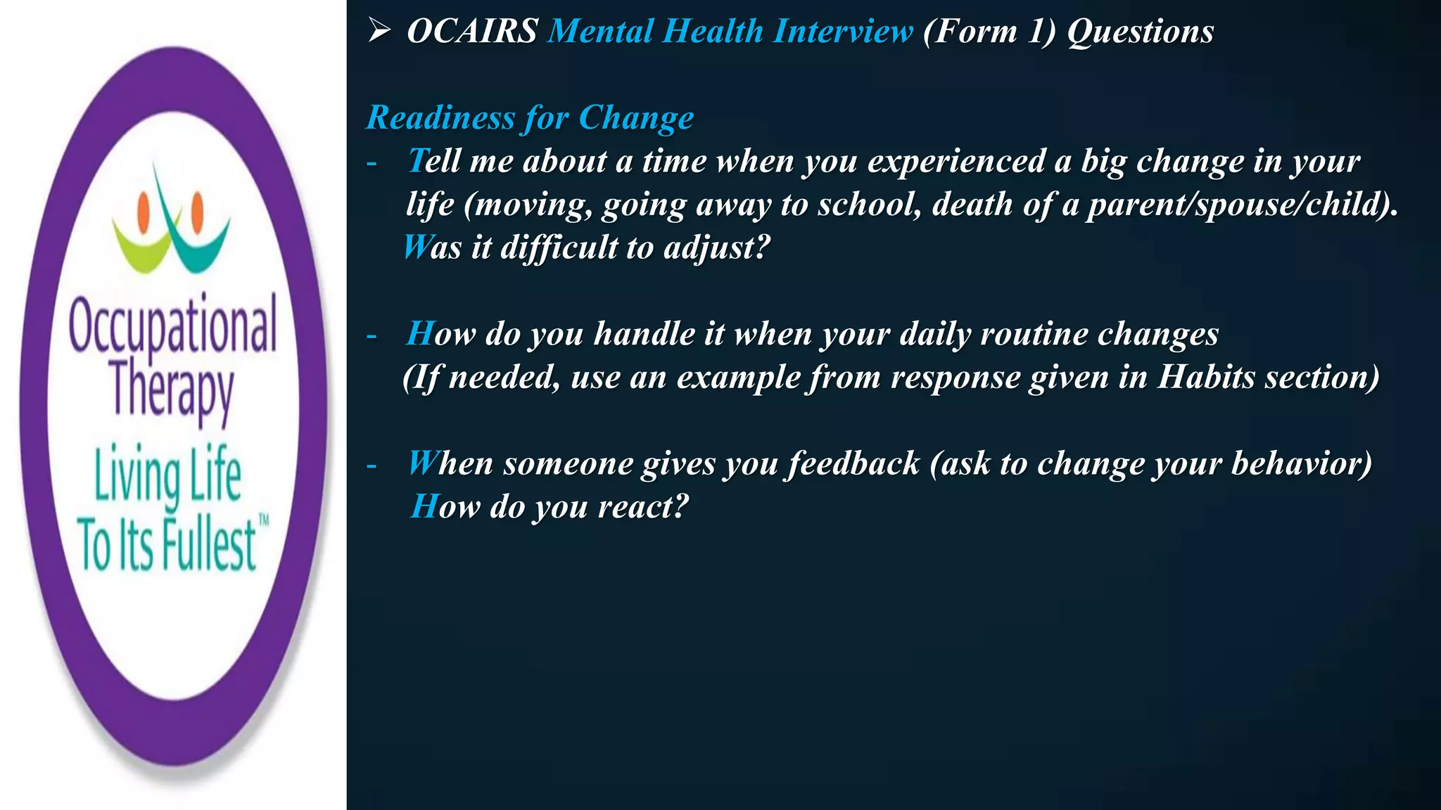 Occupational Therapy Assessment Interview and Rating Scale Mental ...