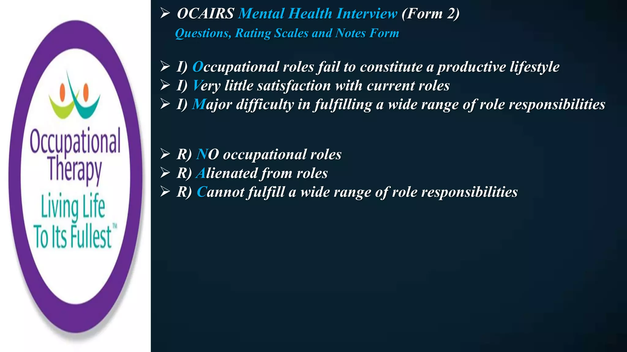 Occupational Therapy Assessment Interview and Rating Scale Mental ...
