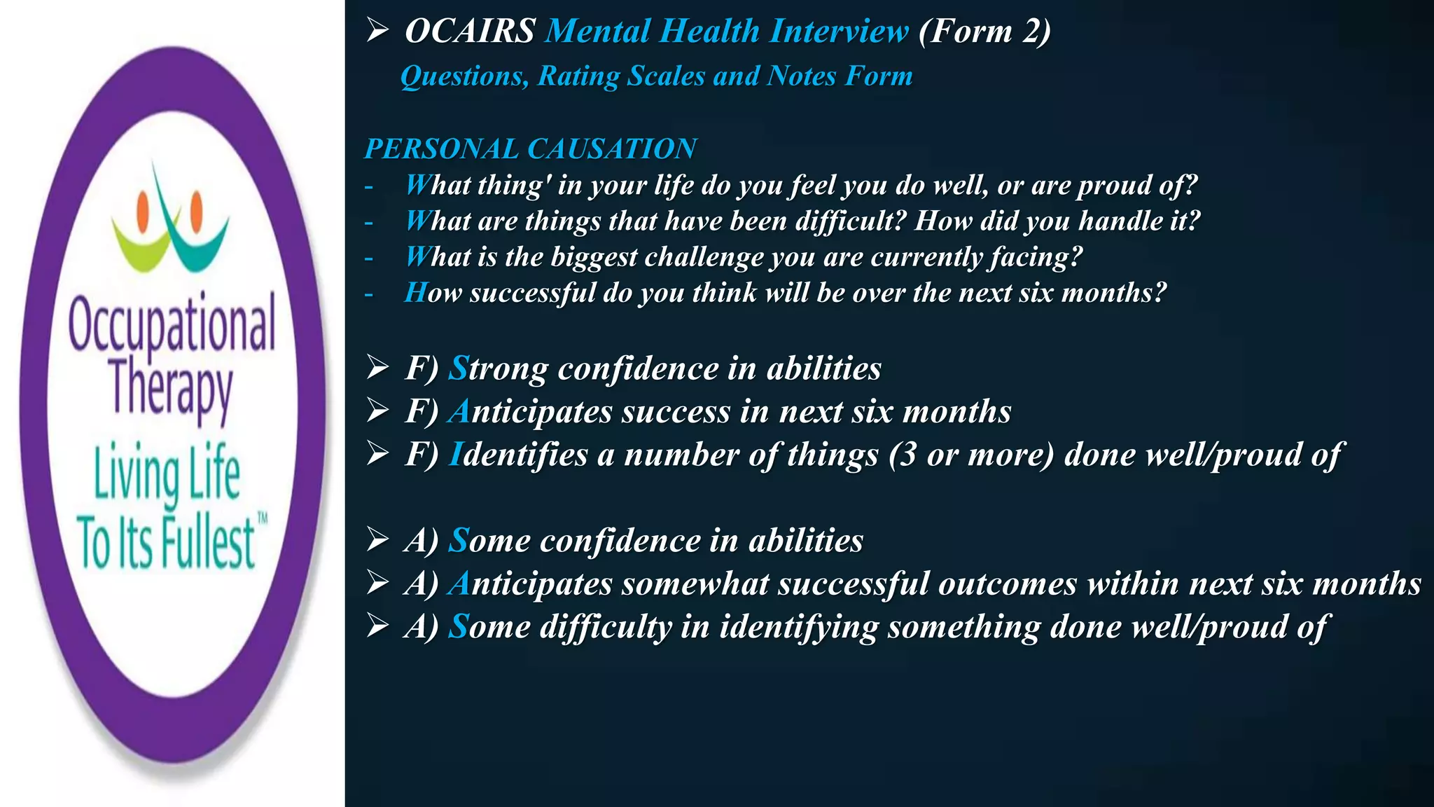 Occupational Therapy Assessment Interview and Rating Scale Mental ...