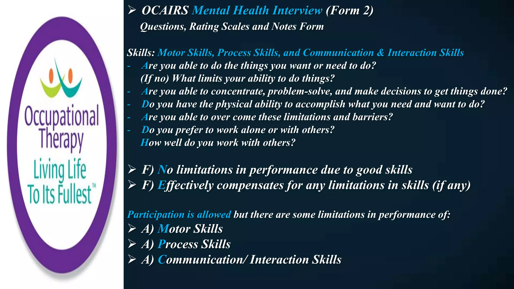Occupational Therapy Assessment Interview and Rating Scale Mental ...