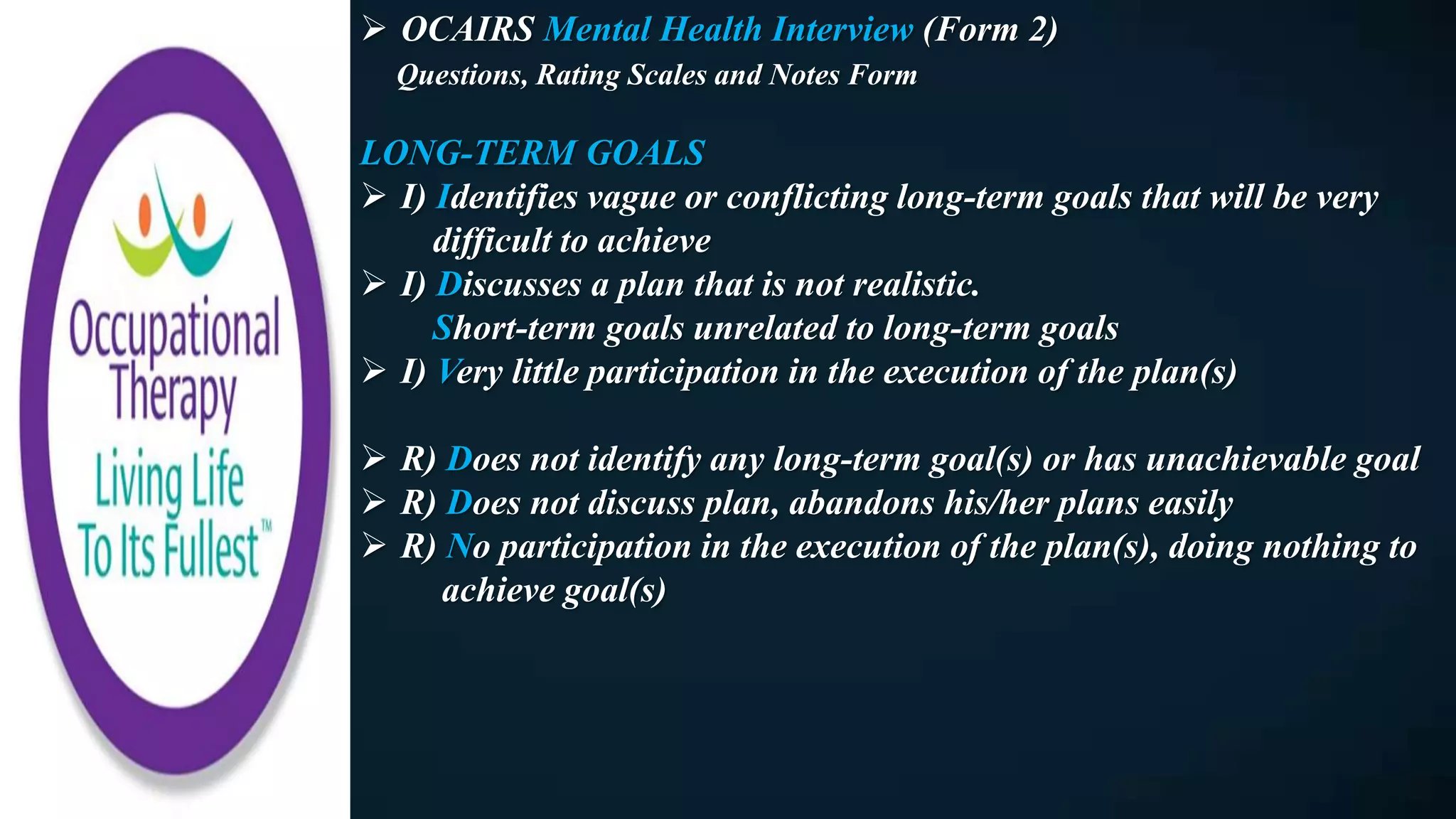 Occupational Therapy Assessment Interview and Rating Scale Mental ...