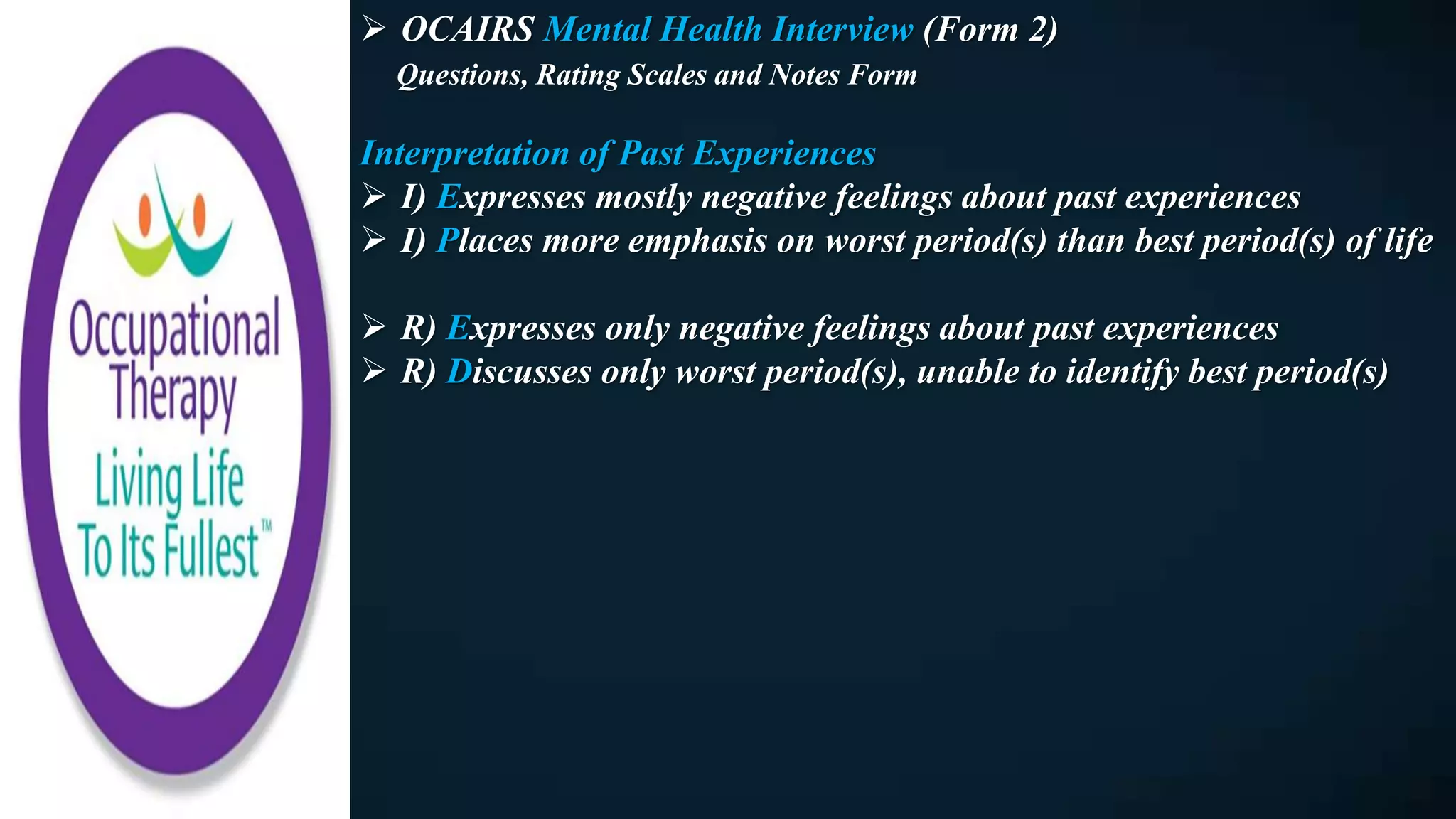 Occupational Therapy Assessment Interview and Rating Scale Mental ...