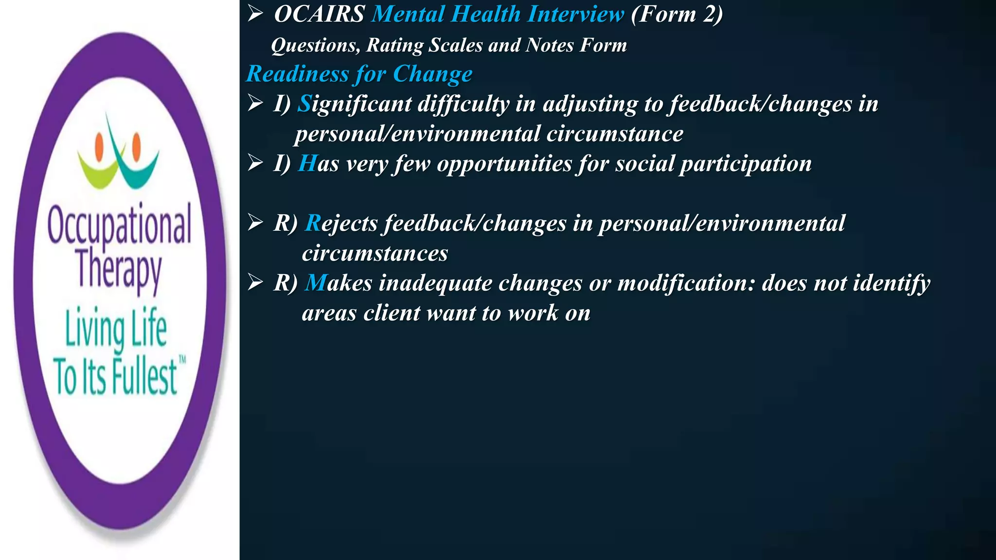 Occupational Therapy Assessment Interview and Rating Scale Mental ...