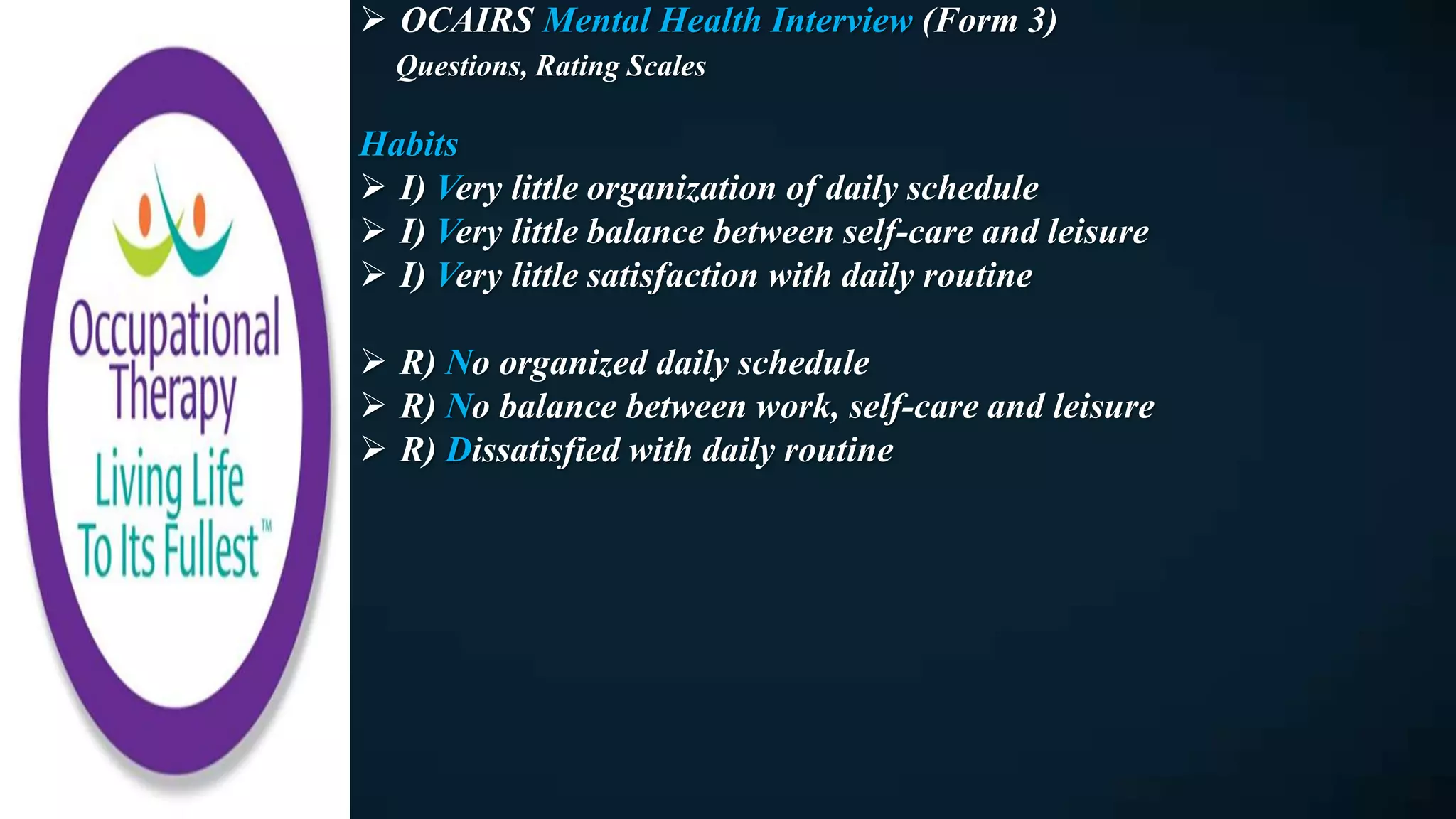 Occupational Therapy Assessment Interview and Rating Scale Mental ...