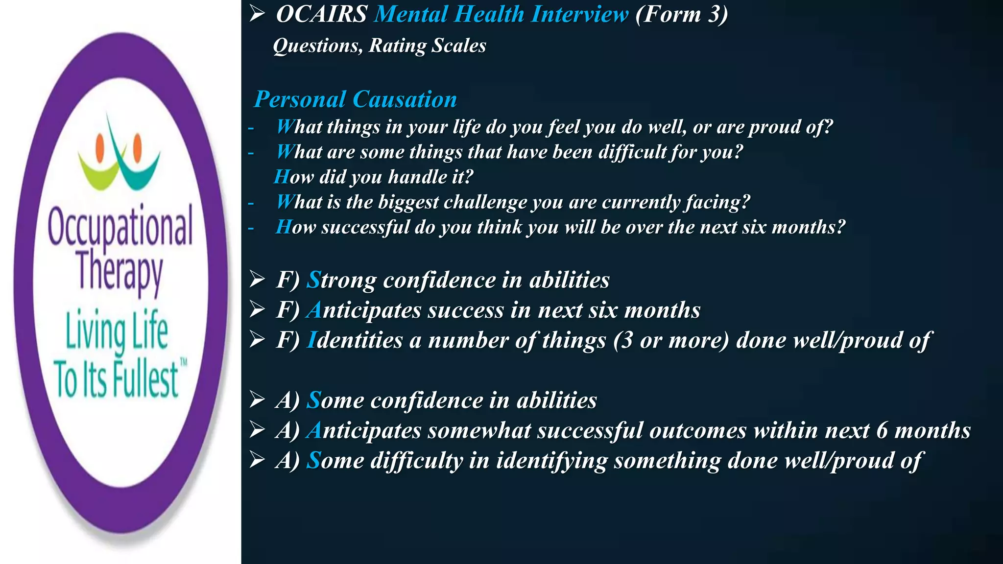 Occupational Therapy Assessment Interview and Rating Scale Mental ...