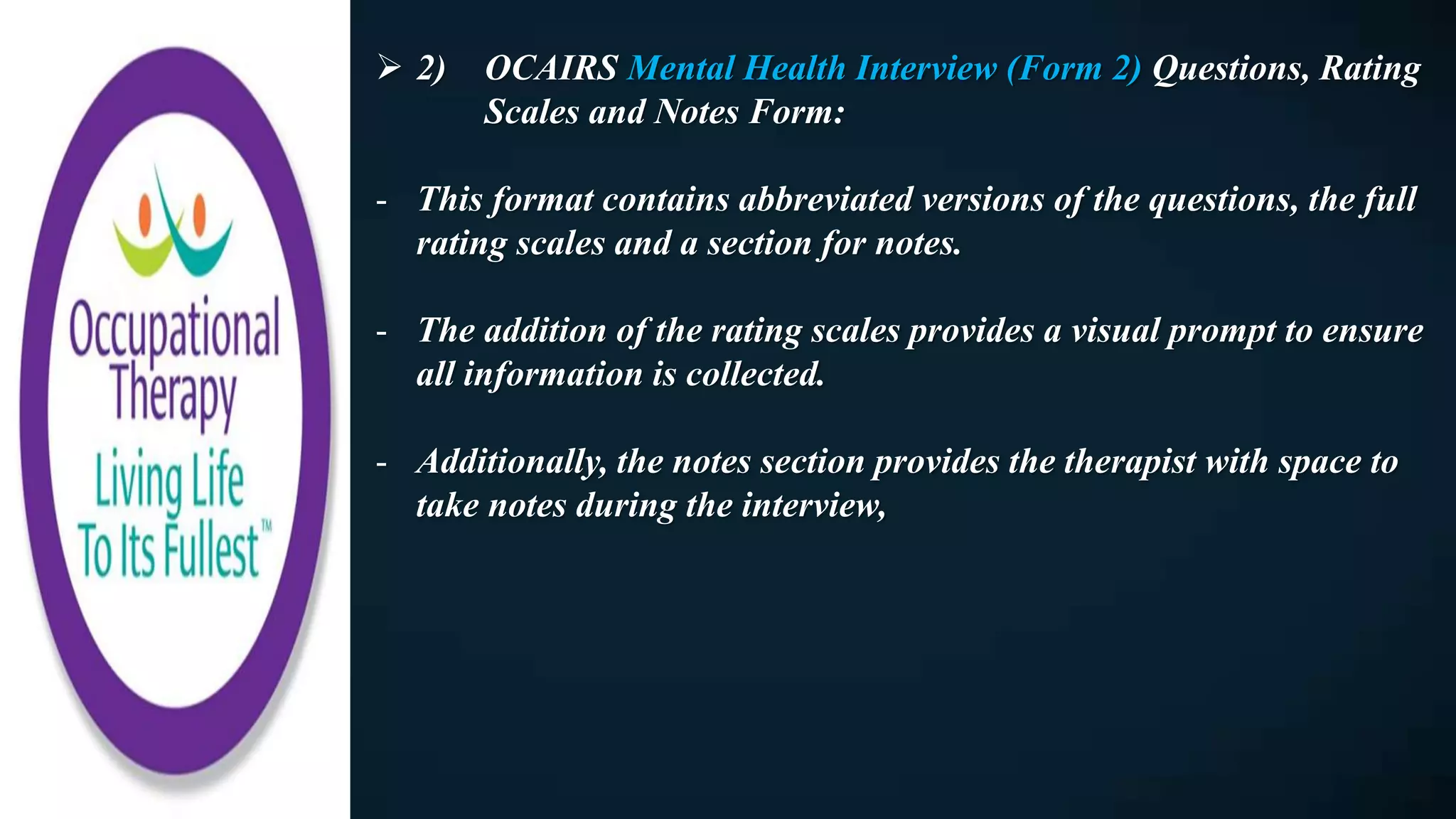 Occupational Therapy Assessment Interview and Rating Scale Mental ...