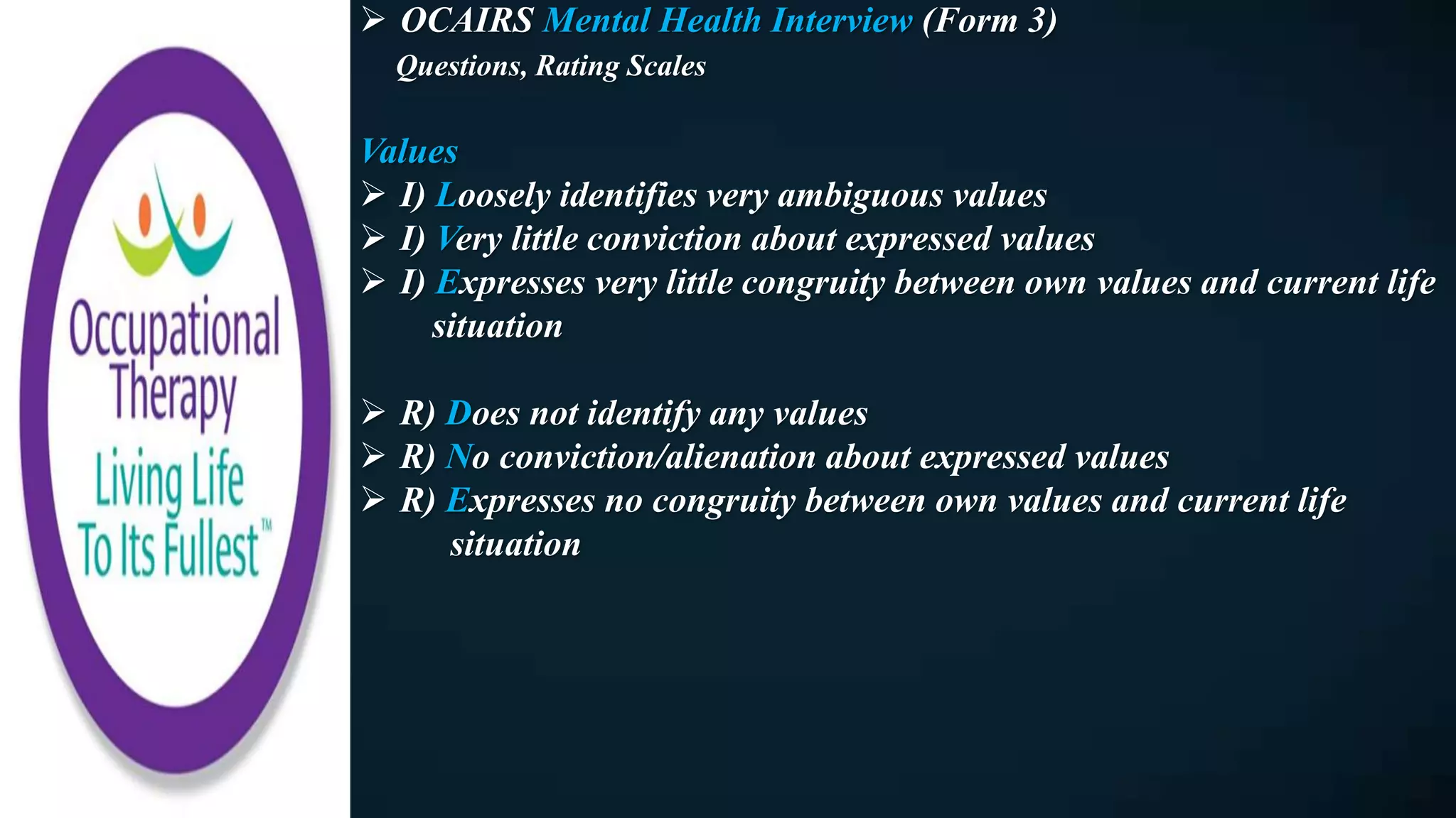 Occupational Therapy Assessment Interview and Rating Scale Mental ...