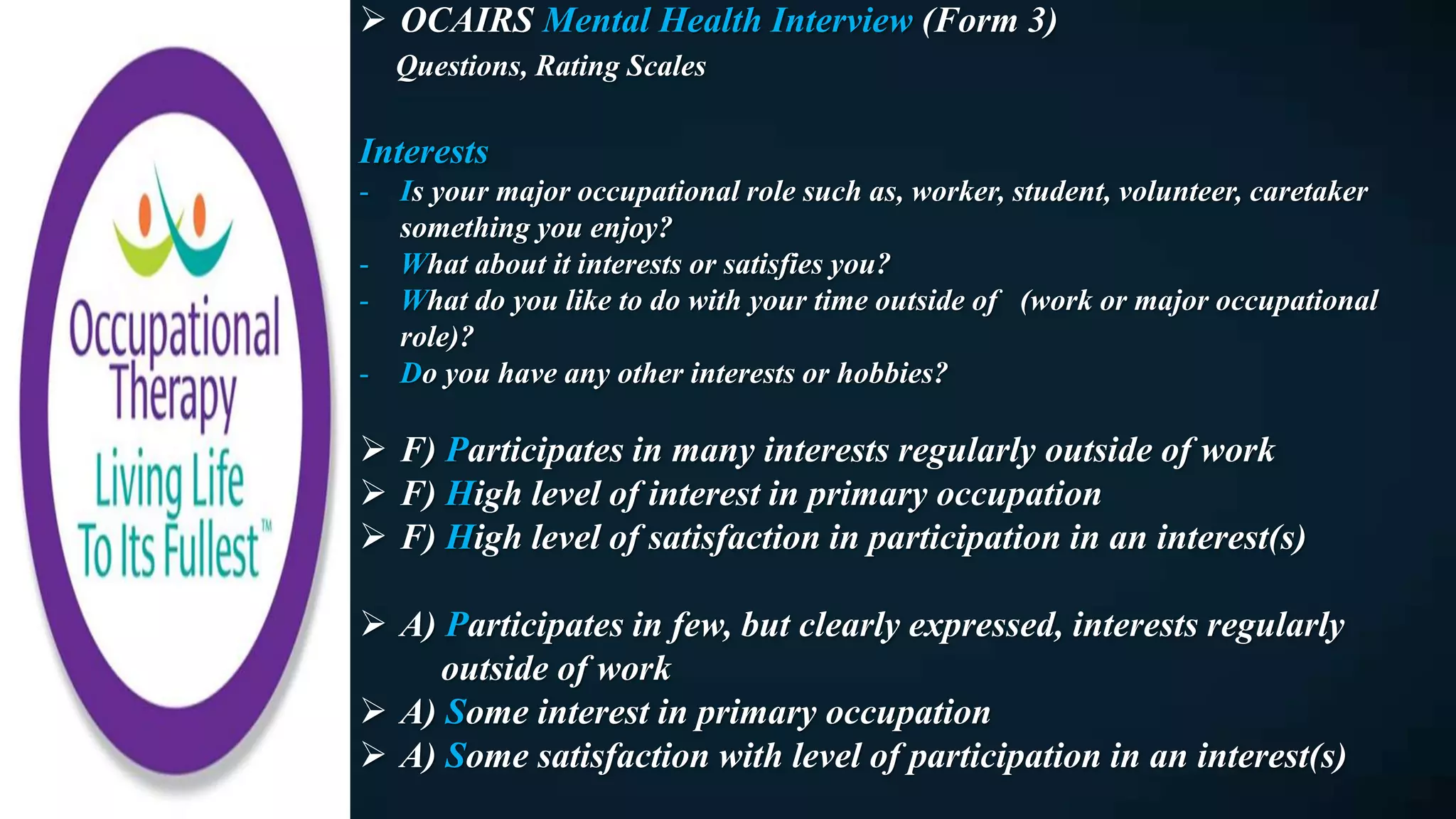 Occupational Therapy Assessment Interview and Rating Scale Mental ...