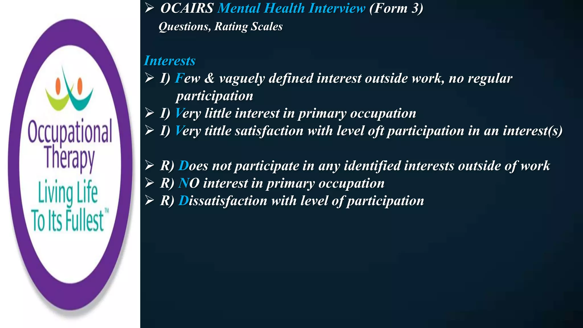 Occupational Therapy Assessment Interview and Rating Scale Mental ...