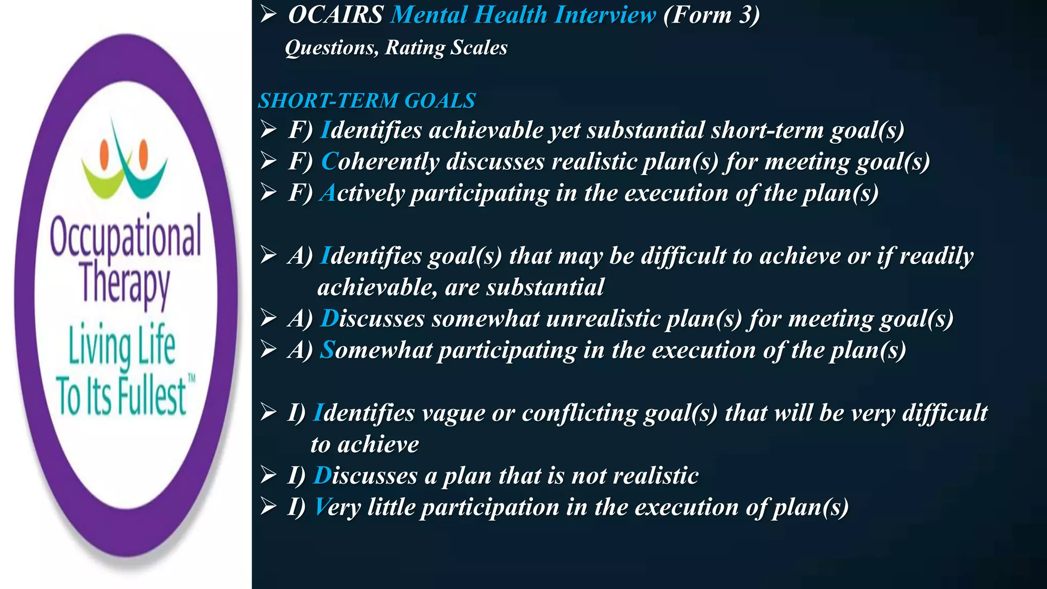 Occupational Therapy Assessment Interview and Rating Scale Mental ...