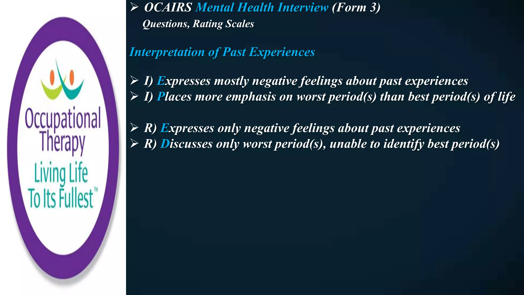 Occupational Therapy Assessment Interview and Rating Scale Mental ...