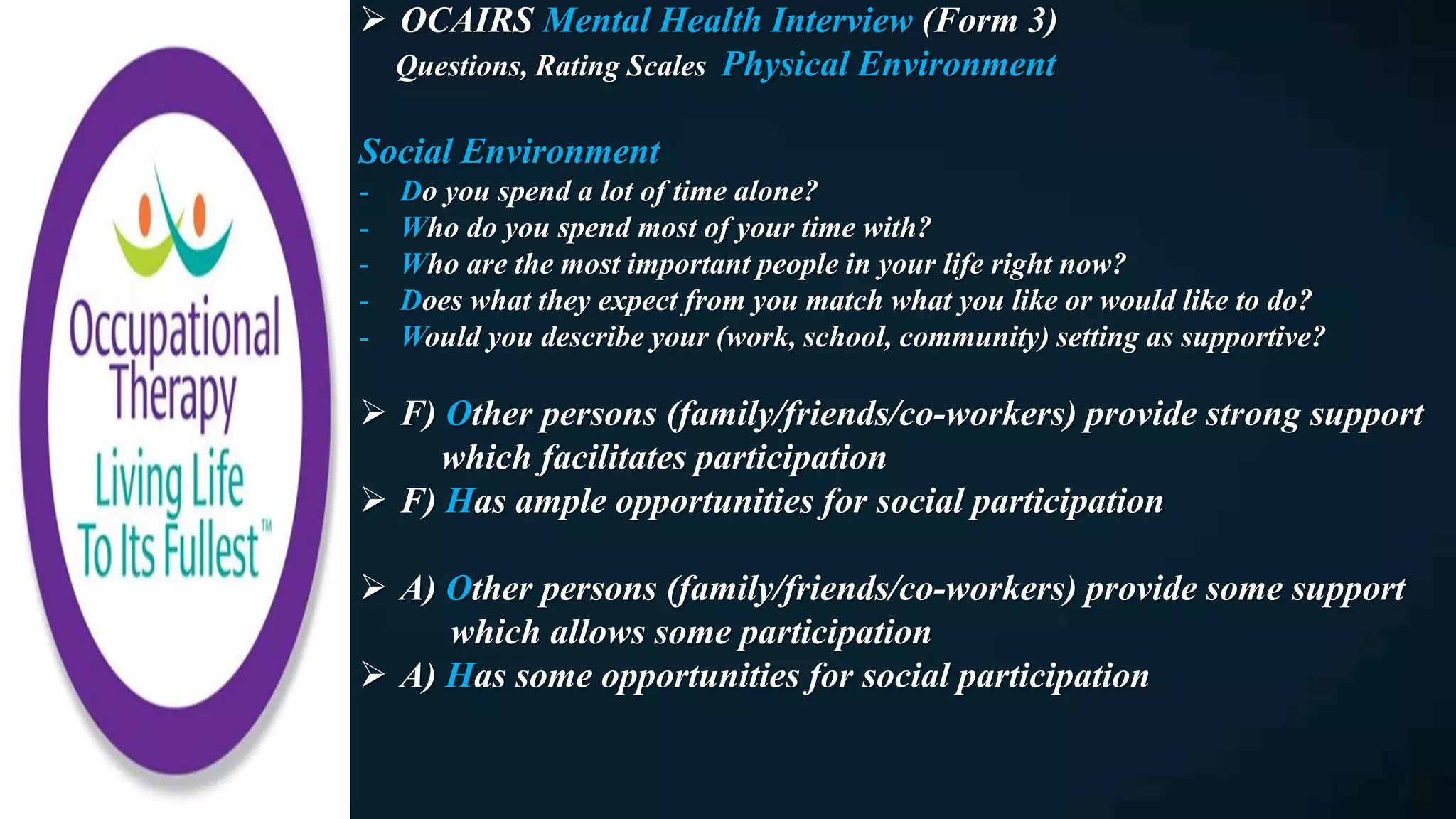Occupational Therapy Assessment Interview and Rating Scale Mental ...