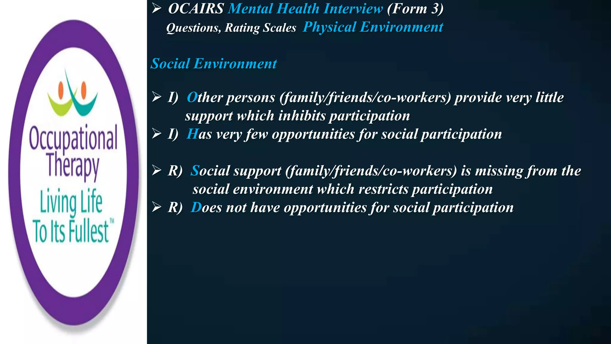Occupational Therapy Assessment Interview and Rating Scale Mental ...