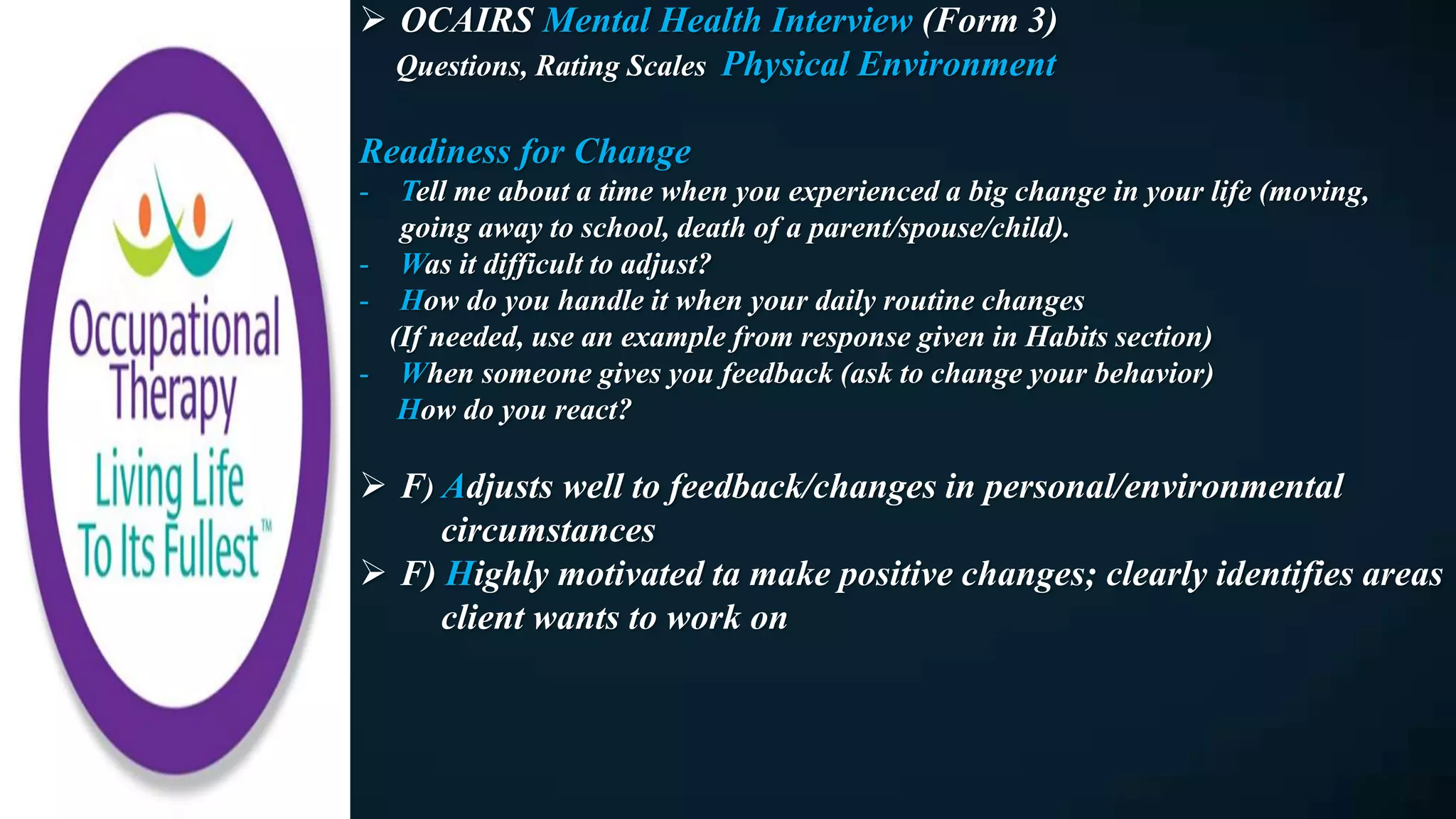 Occupational Therapy Assessment Interview and Rating Scale Mental ...