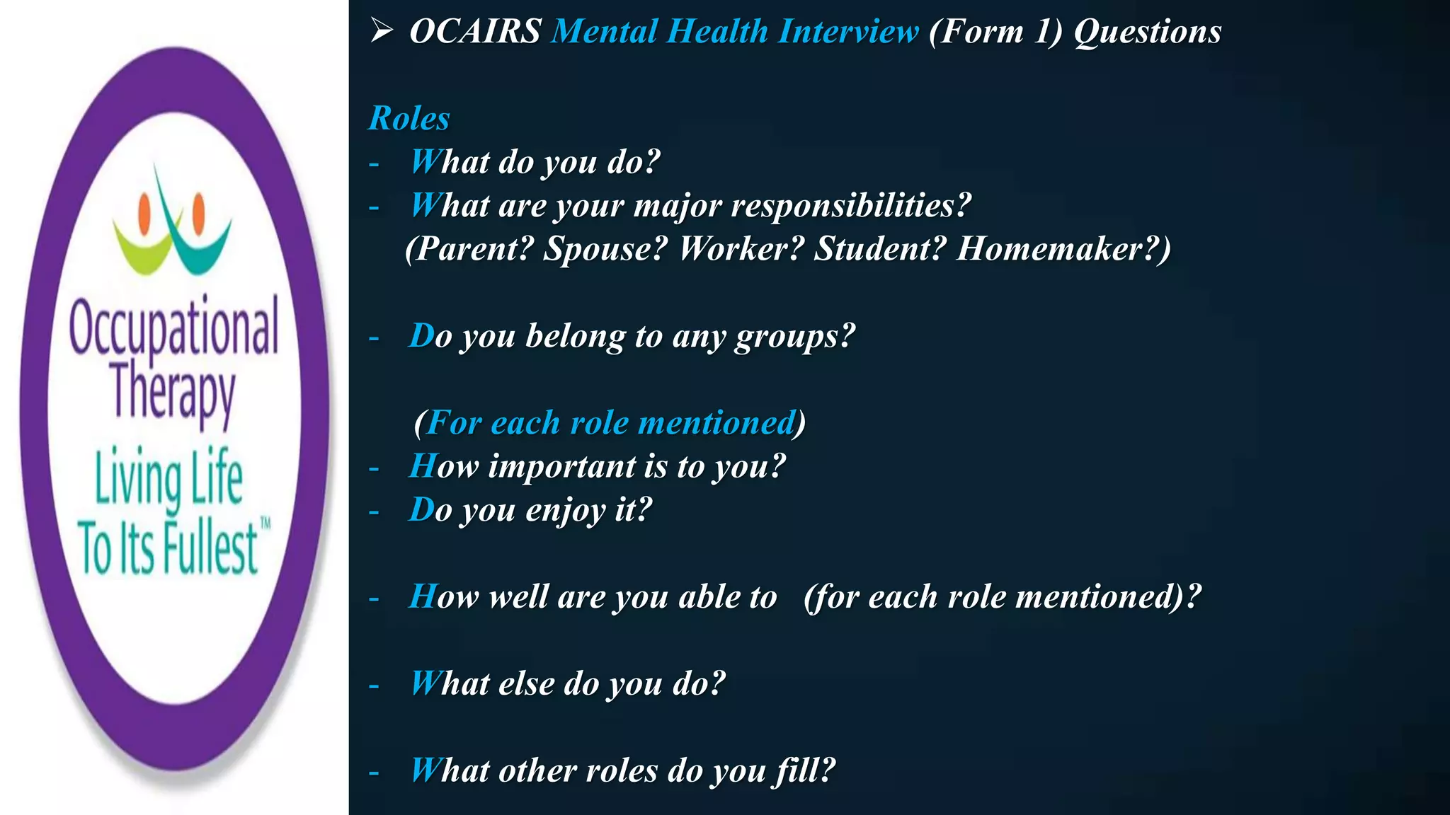 Occupational Therapy Assessment Interview and Rating Scale Mental ...