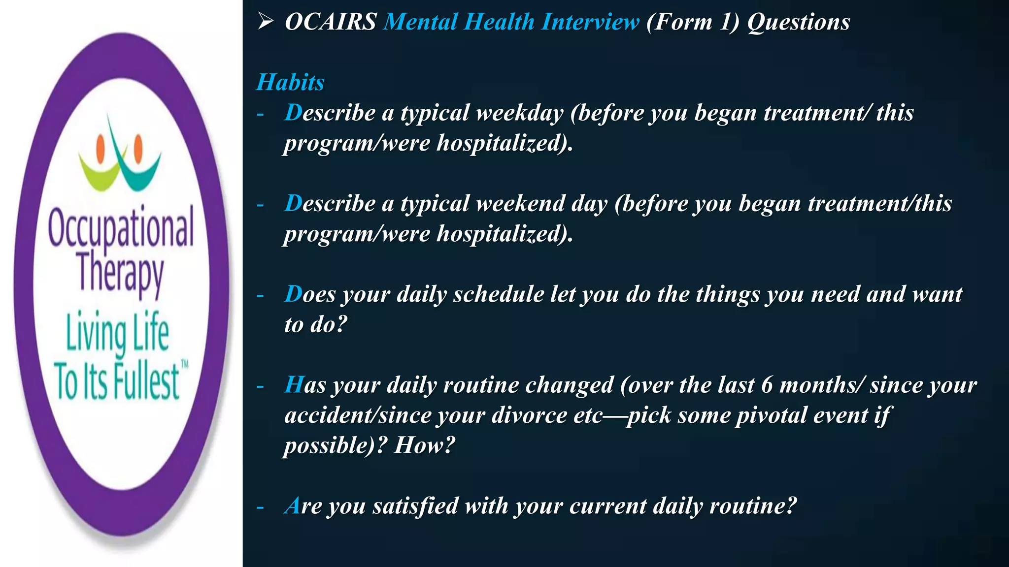 Occupational Therapy Assessment Interview and Rating Scale Mental ...