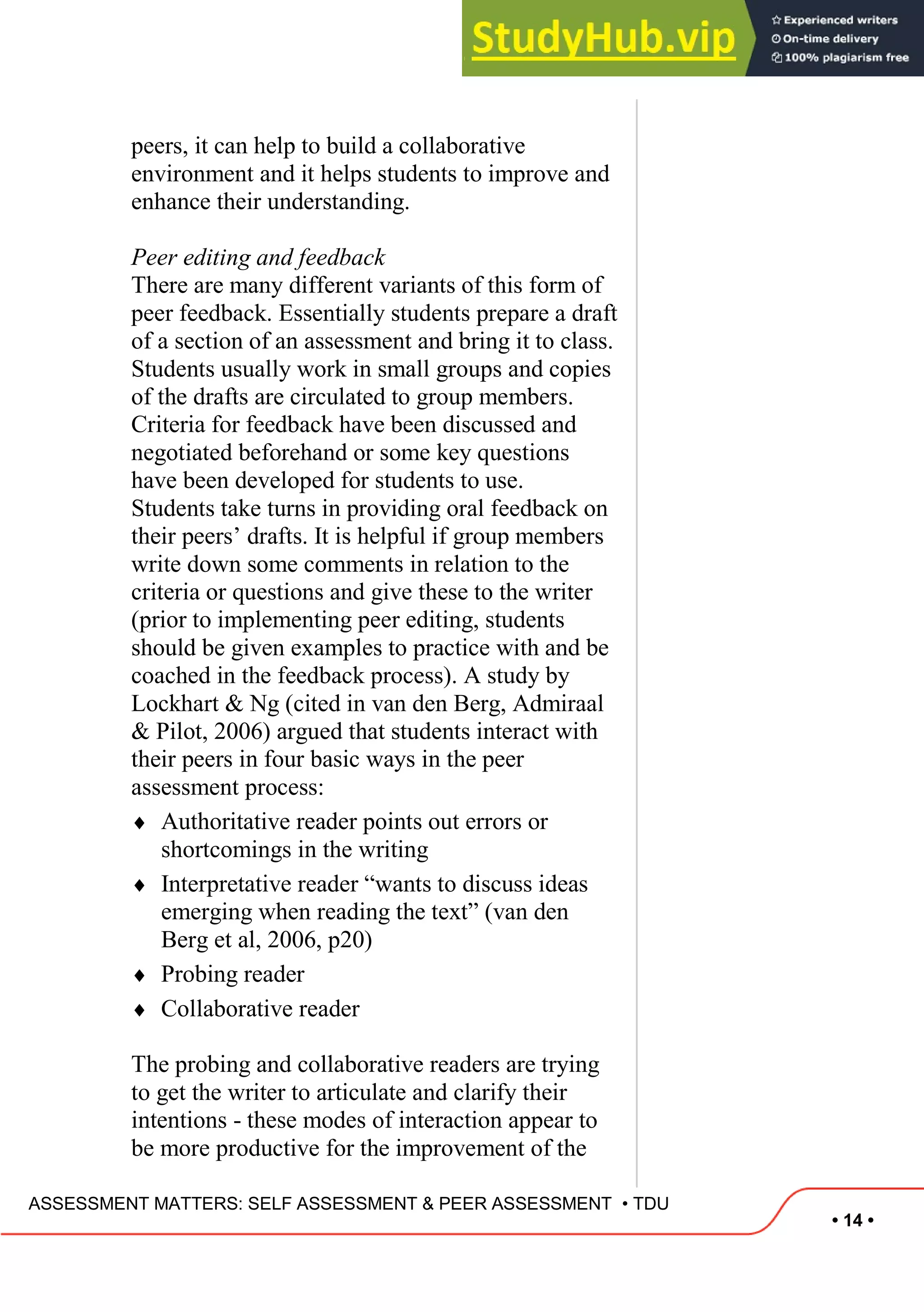 Assessment Matters Self-Assessment And Peer Assessment Teaching ...