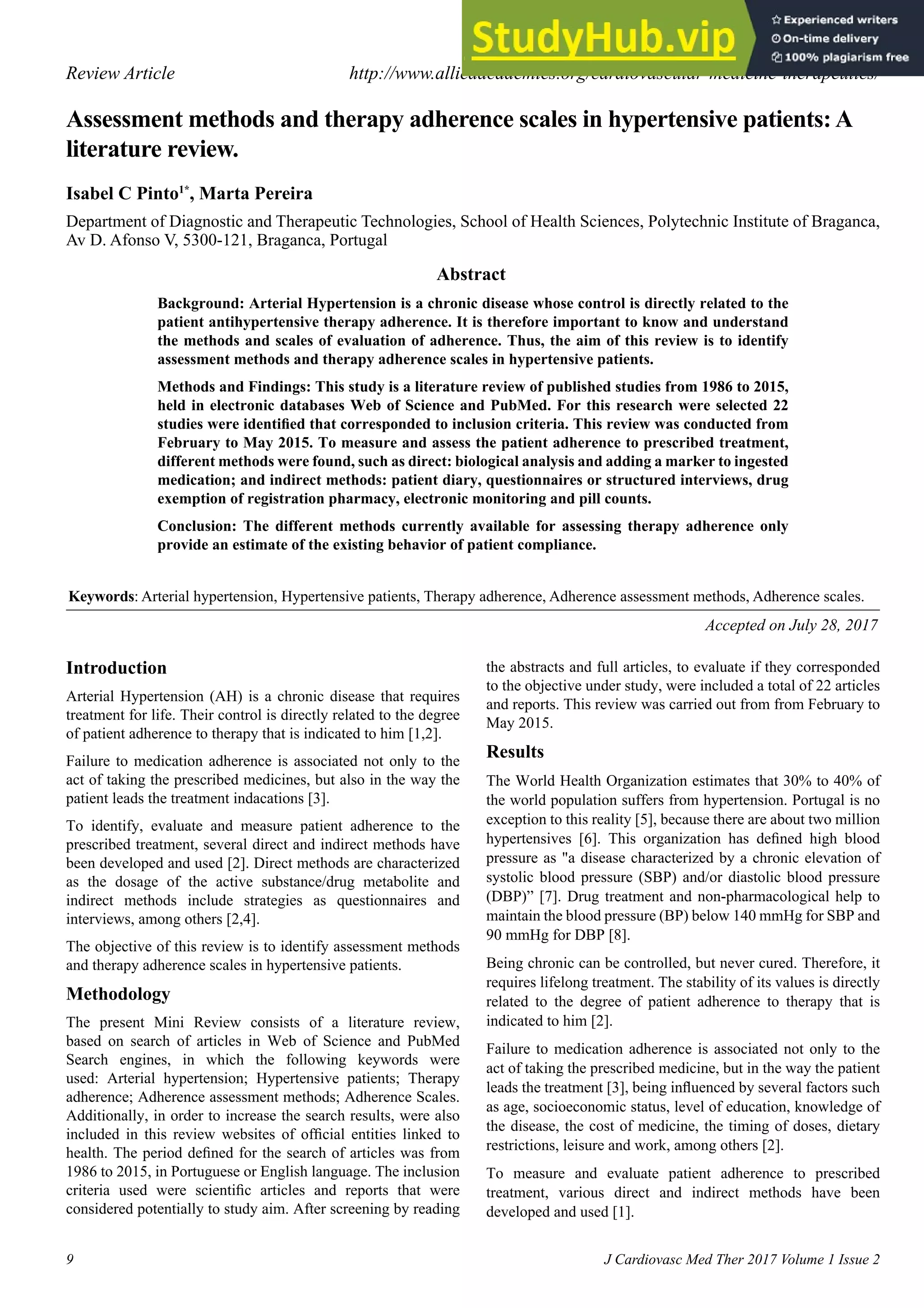 Assessment Methods And Therapy Adherence Scales In Hypertensive ...