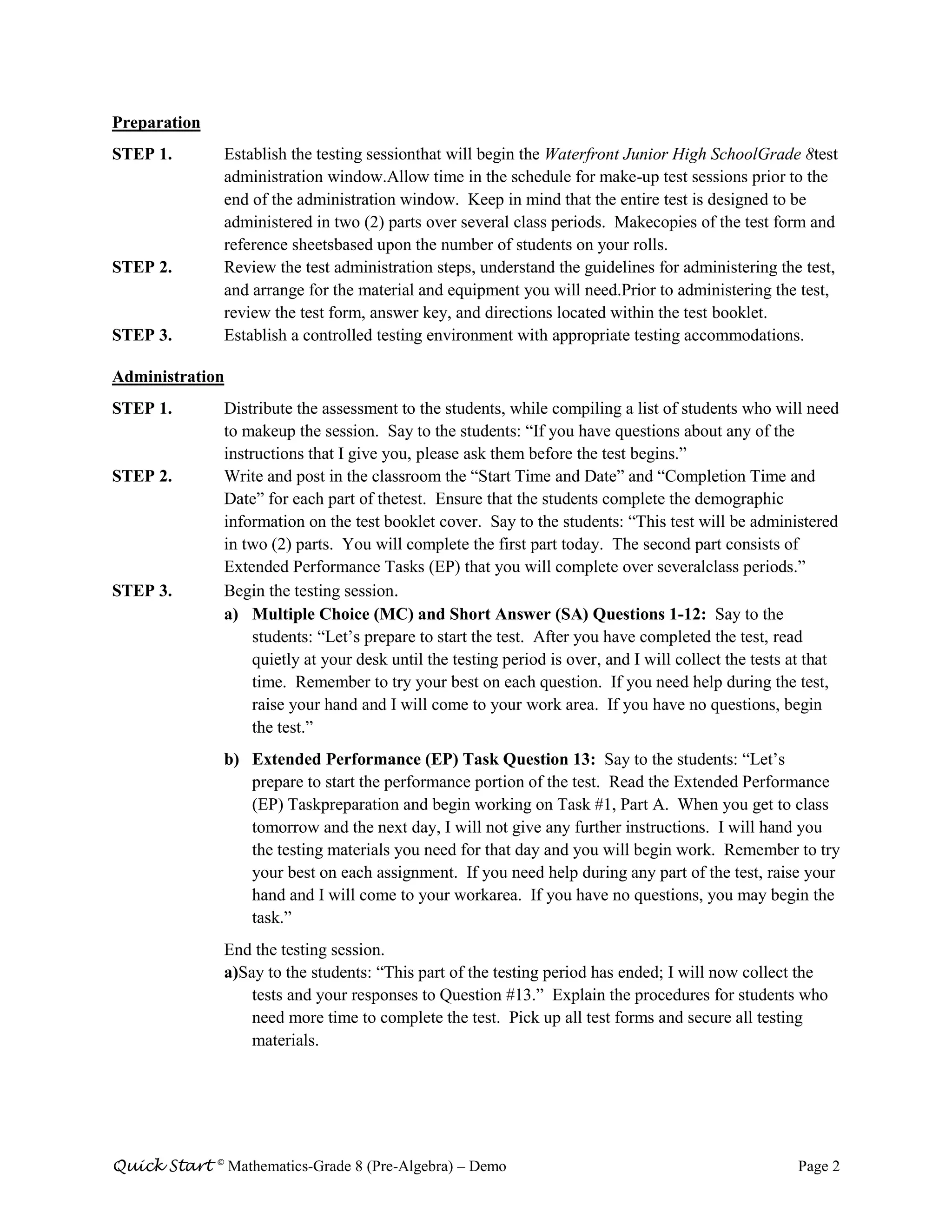 Assessment Model #2 Pre-Algebra Grade 8 | DOCX