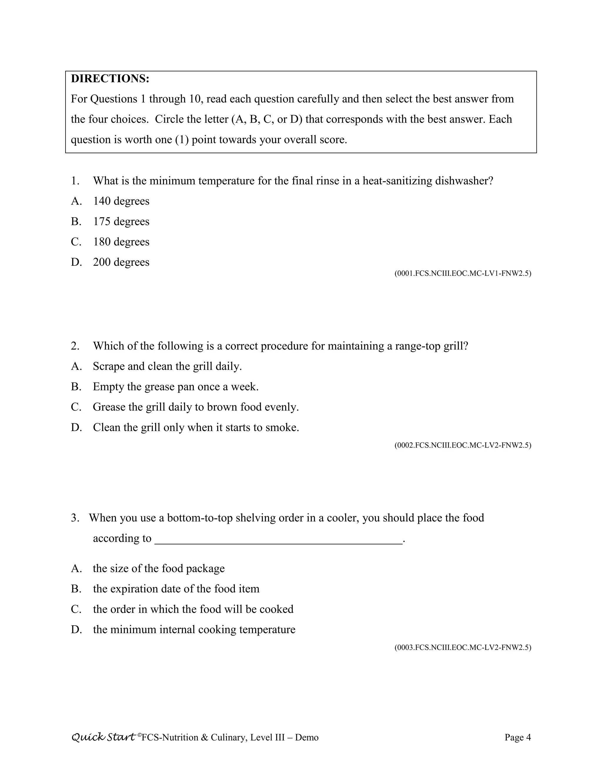 Assessment Model #3 Nutrition and Culinary, Level III High School | DOCX
