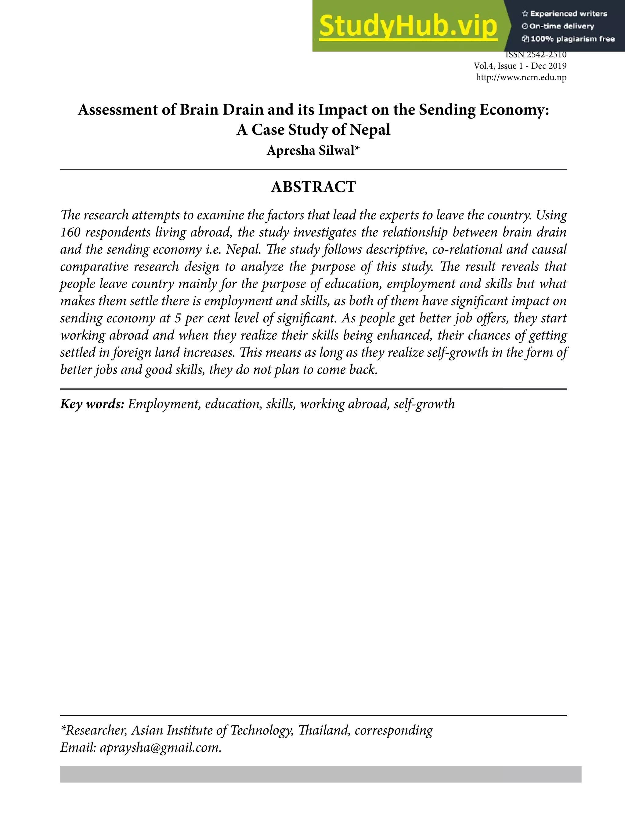 Assessment Of Brain Drain And Its Impact On The Sending Economy A Case ...