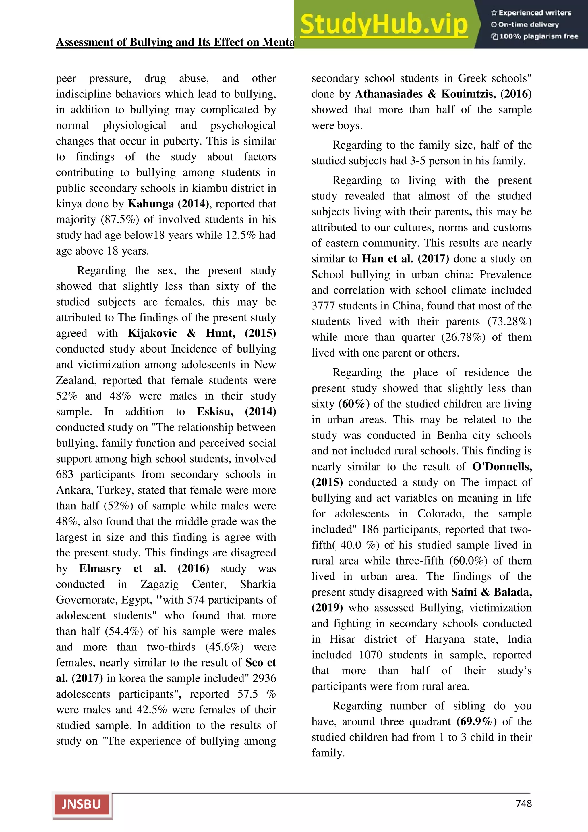 Assessment Of Bullying And Its Effect On Mental Health Among Secondary School Students | PDF